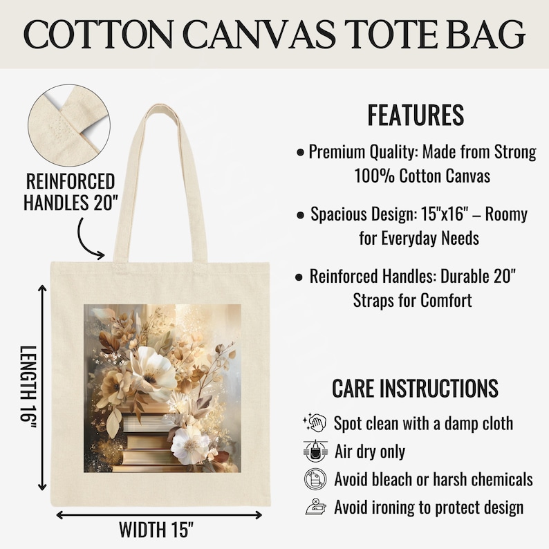 Book Lover Floral Canvas Tote Bag | Cozy Vintage Books & Flowers Tote ...
