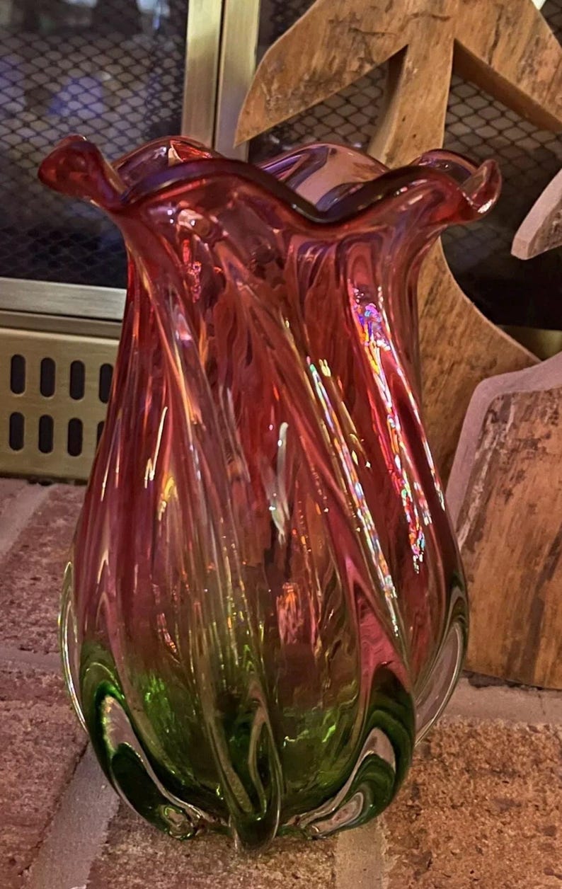 Vintage, Teleflora, Hand Blown Glass, Vase. Watermelon in Color (pink ...