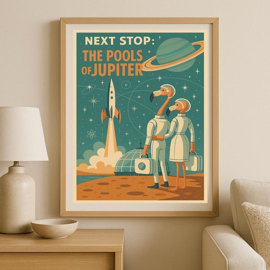 Retro Jupiter Space Travel Poster | Mid Century Flamingo Astronauts ...