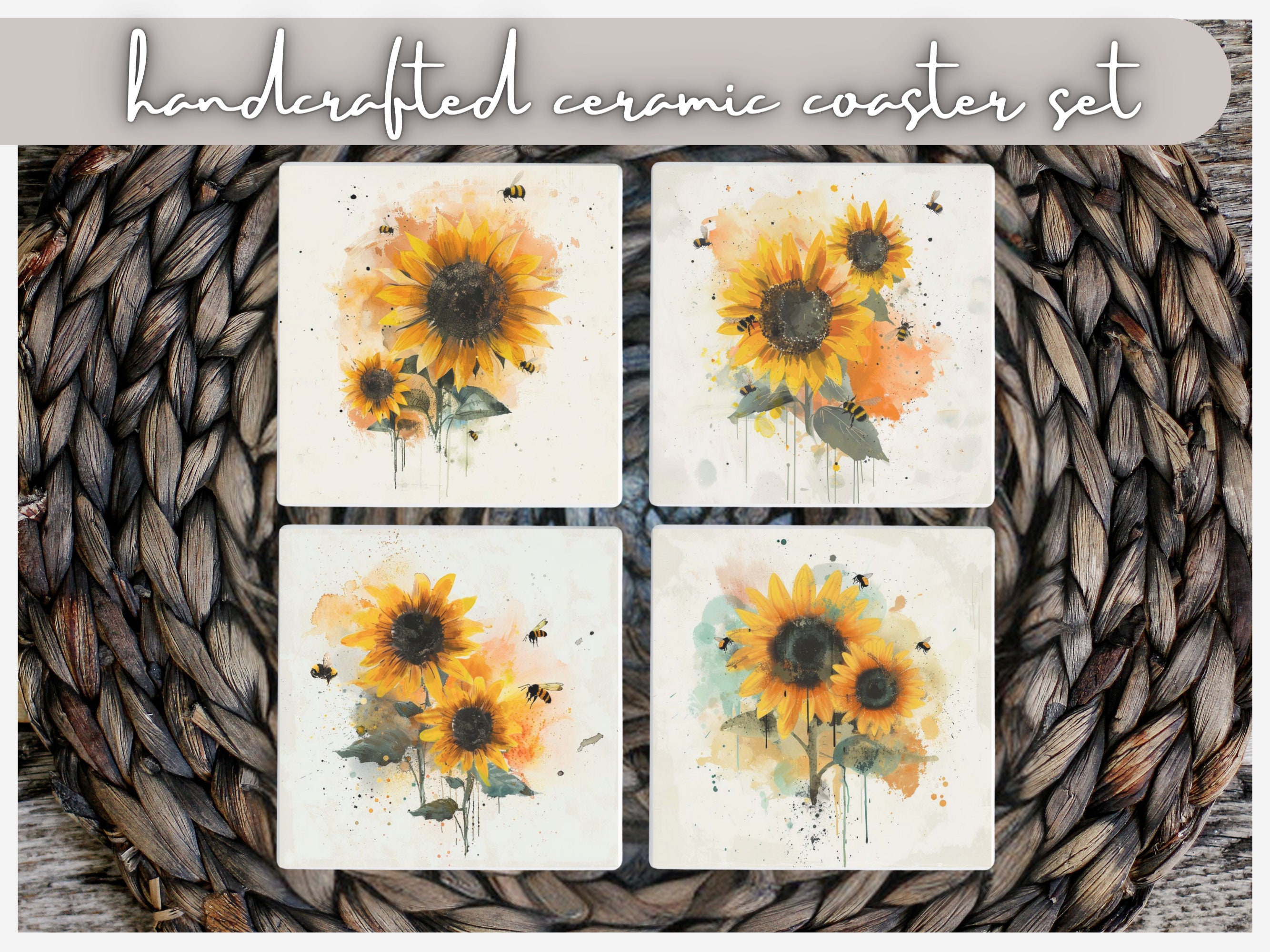 Sunflower Ceramic Coaster Set, Watercolor Floral Art, Handmade Table ...