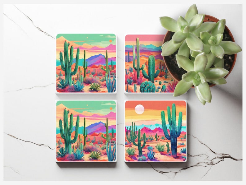 Cute Cactus Ceramic Coasters, Cool Desert Cactus Coasters Set of 4 ...