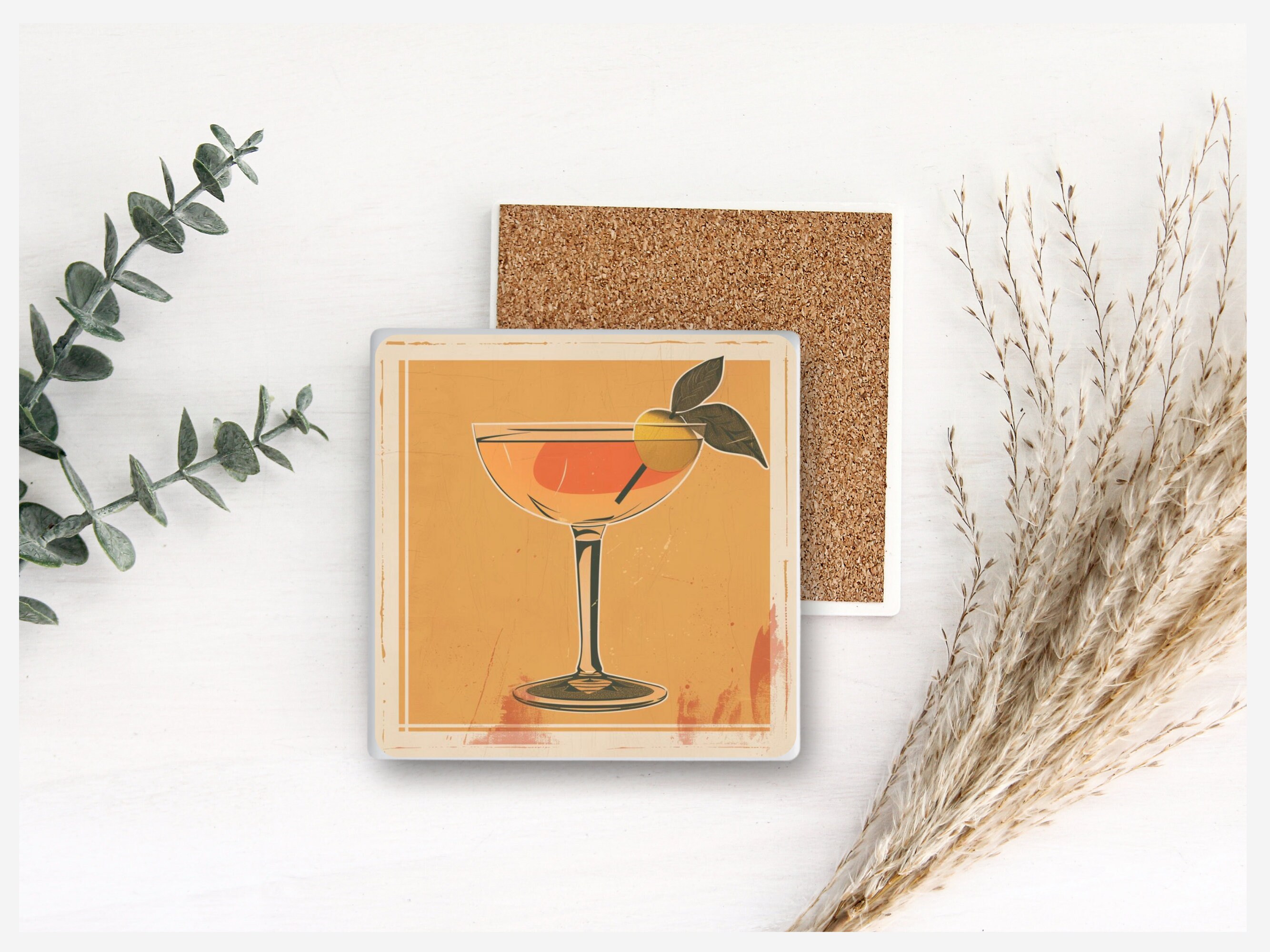 Handmade Vintage Cocktail Ceramic Coaster Set 1950 Retro Martini Glass ...