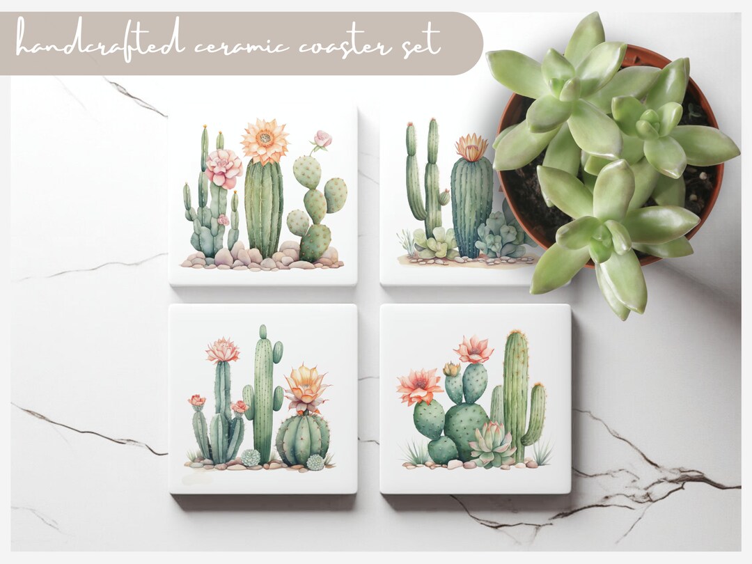 Artsy Aesthetic Watercolor Cactus Ceramic Coasters, Handmade Boho ...