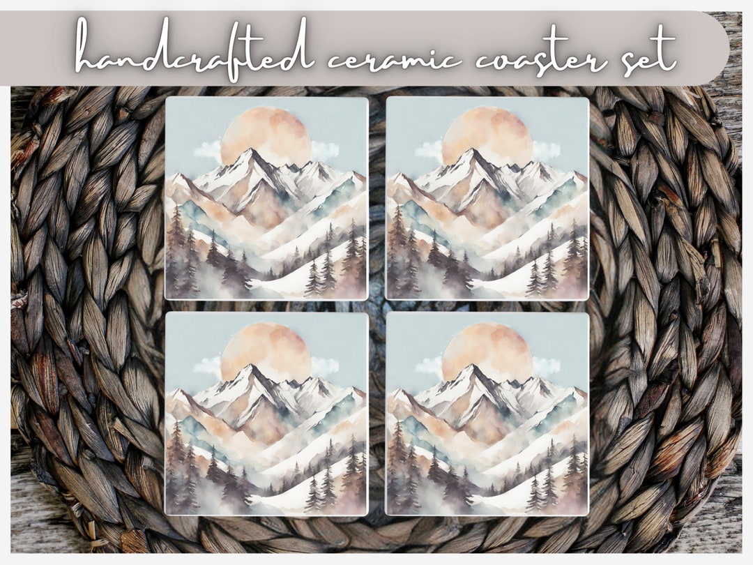 Artsy Mountain Drink Coasters, Handmade Square Ceramic Coaster Set Ft ...