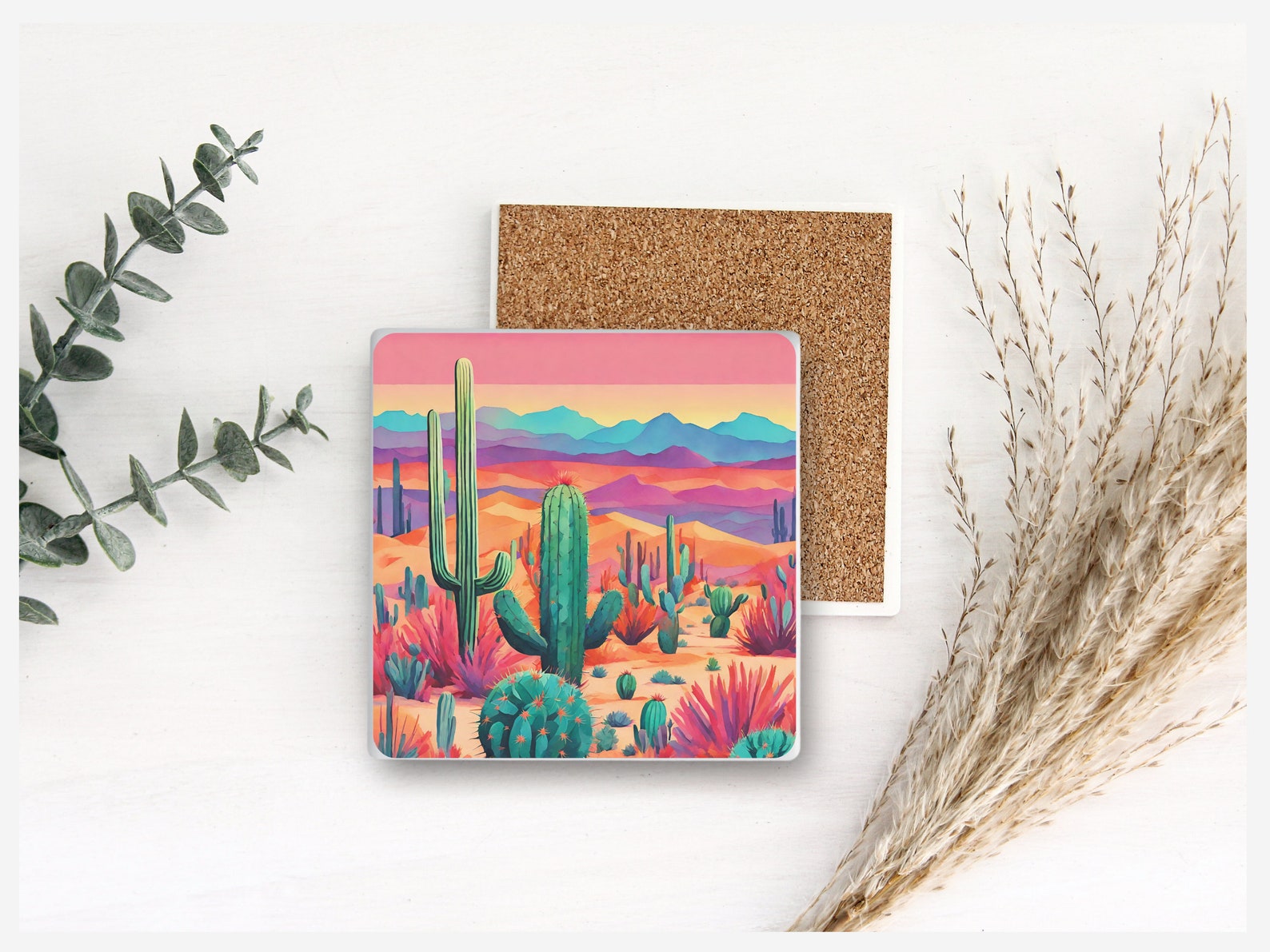 Cute Cactus Ceramic Coasters, Cool Desert Cactus Coasters Set of 4 ...