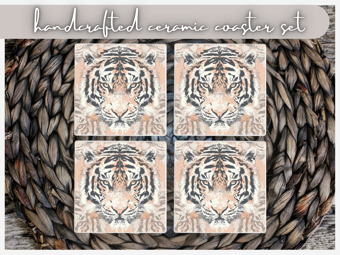 Pink Tiger Coaster Set, Cool Jungle Cat Ceramic Coasters, Vintage ...