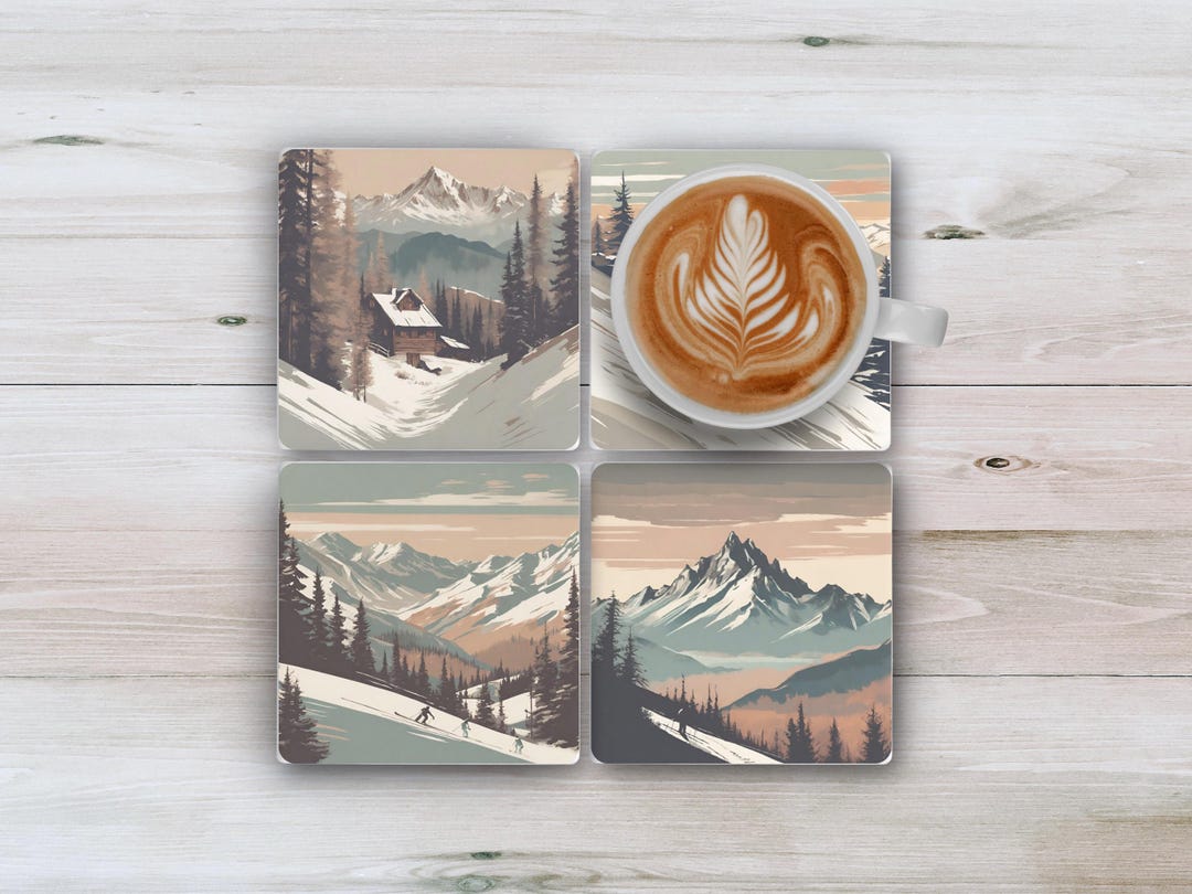 Vintage Mountain Ceramic Coaster Ski, Rustic Alpine Ski Decor for Cabin ...