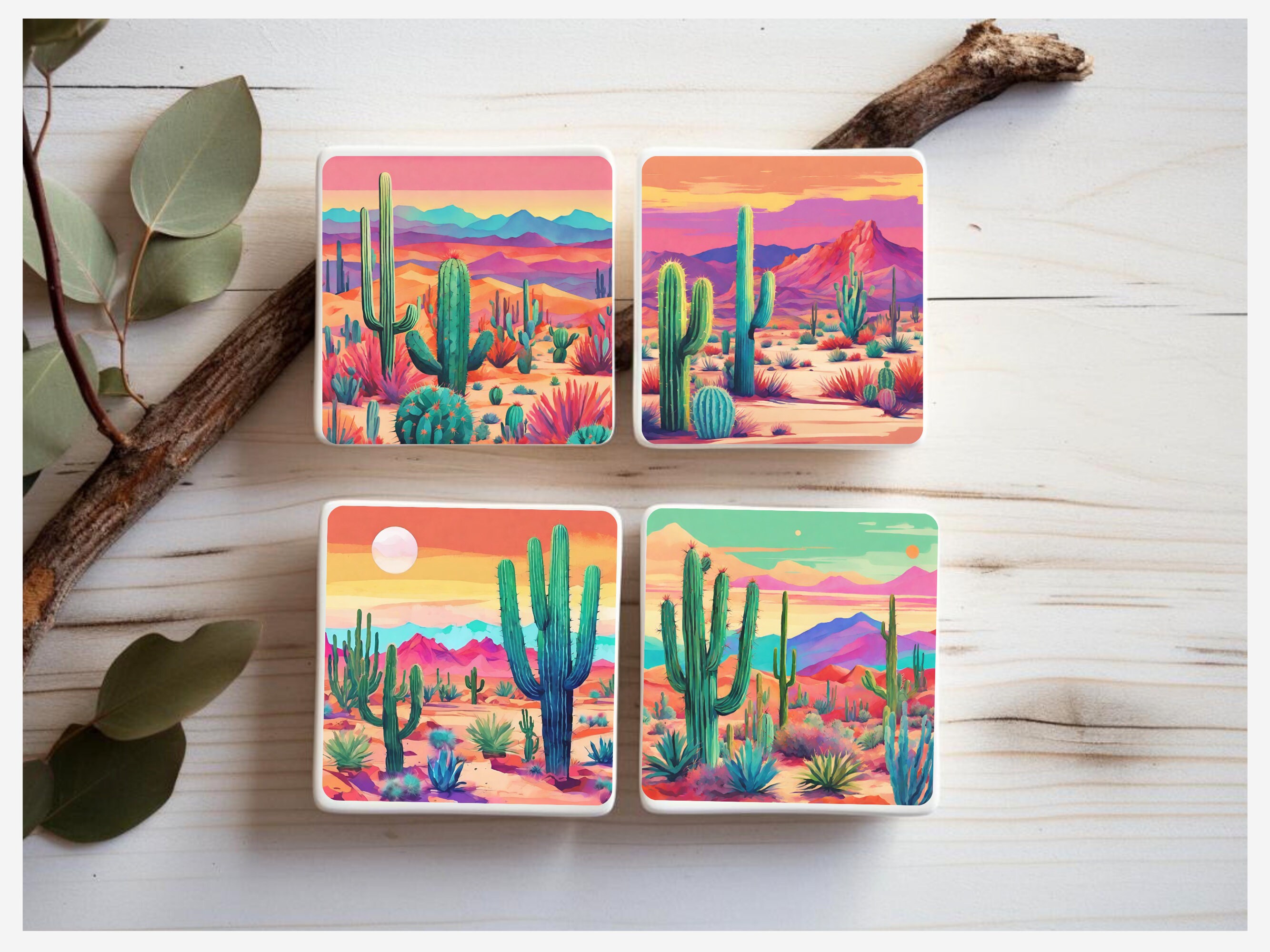 Cute Cactus Ceramic Coasters, Cool Desert Cactus Coasters Set of 4 ...