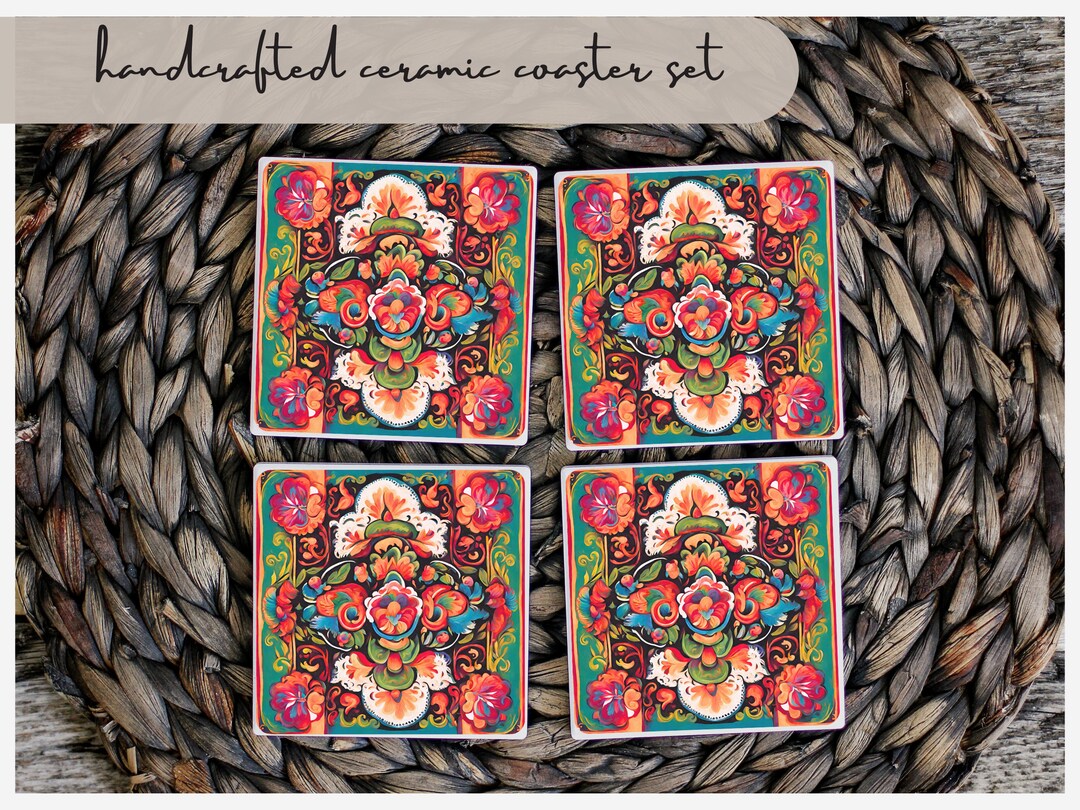 Vibrant Mexican Art Decor, Handmade Ceramic Coaster Set of 4, Colorful ...