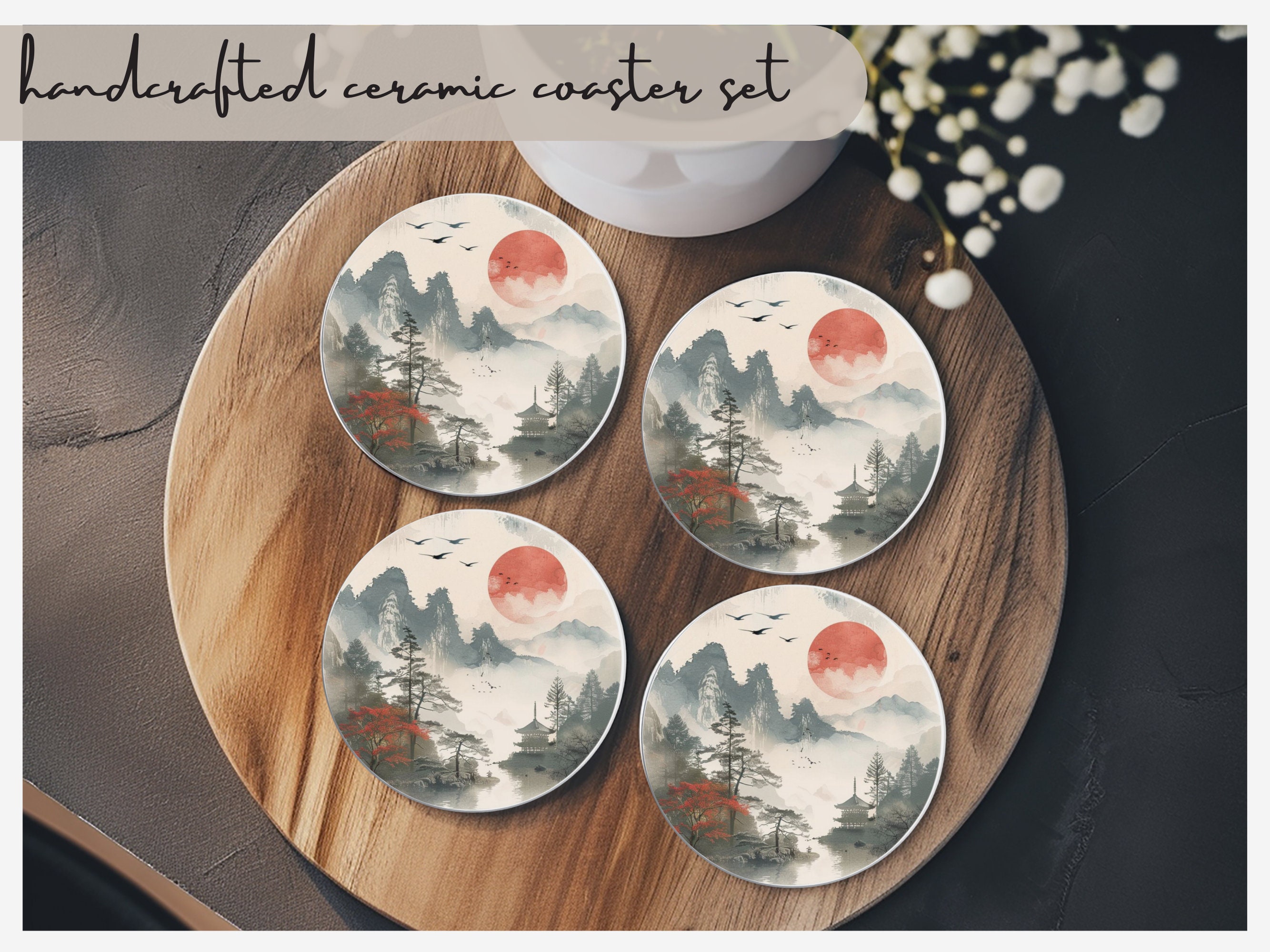 Japandi Art Tile Coasters Aesthetic Japanese Ceramic Coaster Set, Asian ...