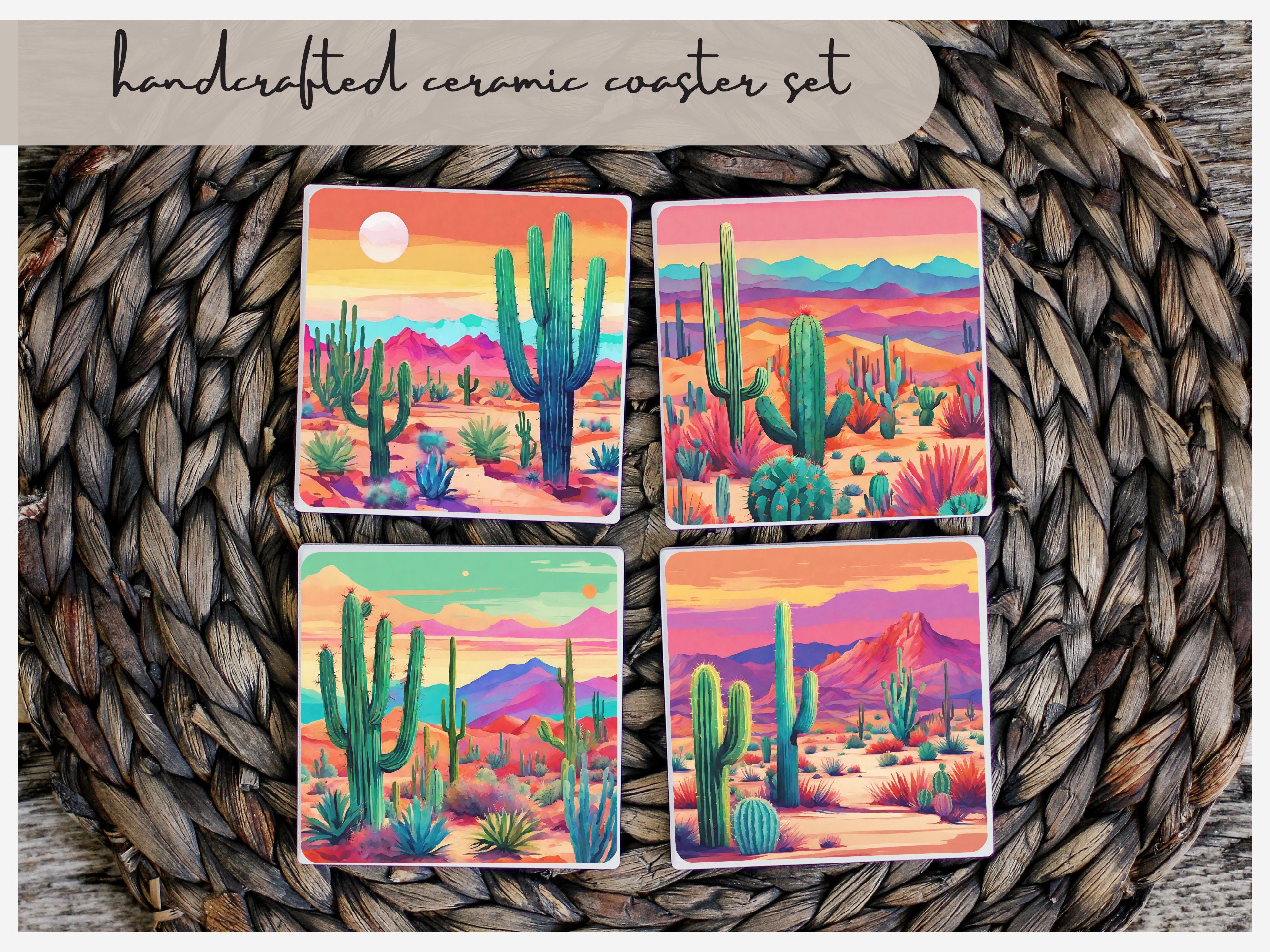 Cute Cactus Ceramic Coasters, Cool Desert Cactus Coasters Set of 4 ...