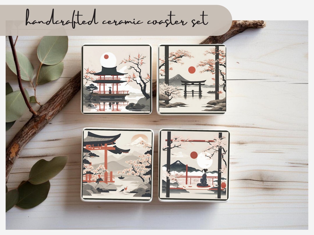 Japandi Art Tile Coasters- Aesthetic Japanese Ceramic Coaster Set, Cork ...