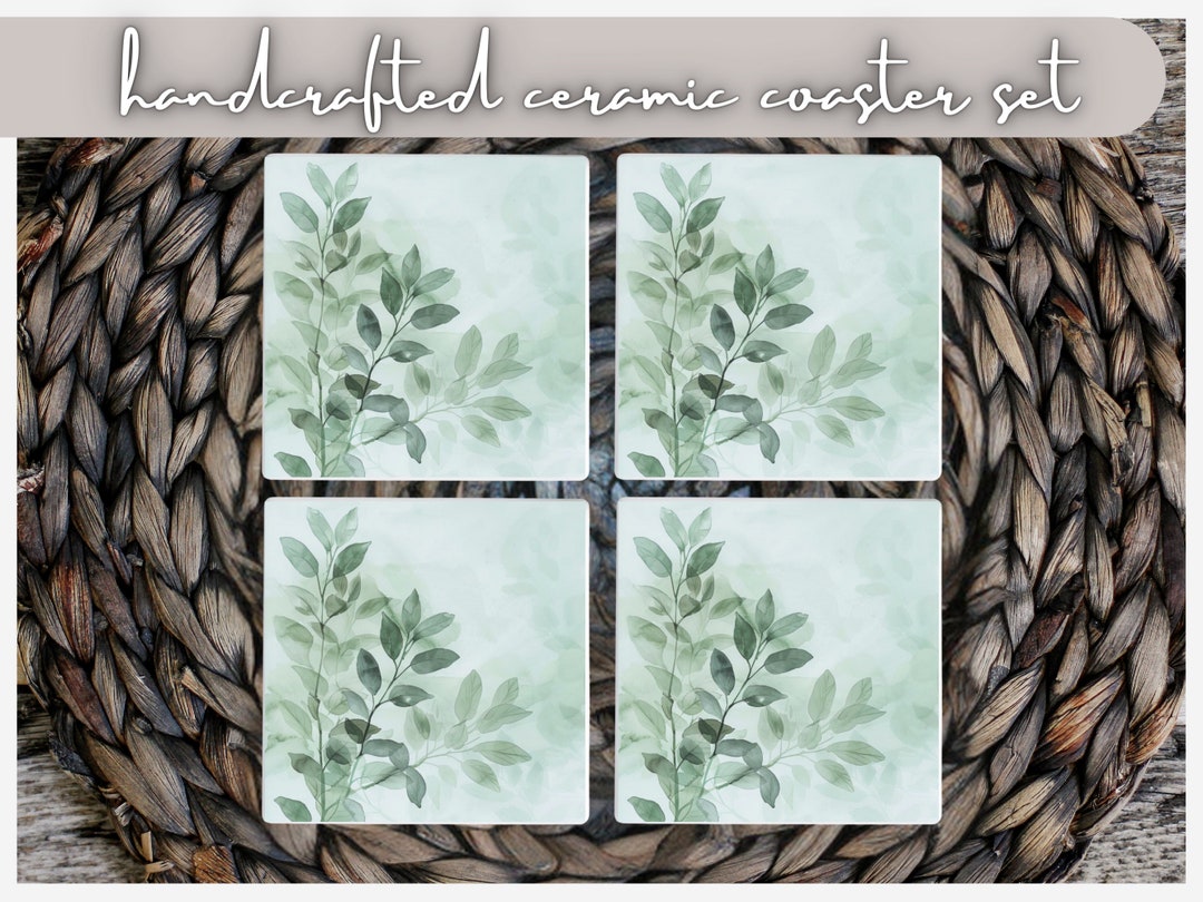 Botanical Print Tile Coasters, Watercolor Leaves Ceramic Coaster Set ...