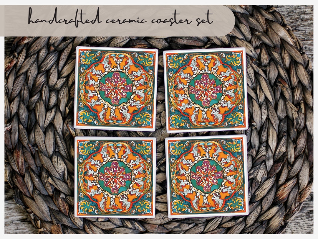 Colorful Mediterranean Tile Coasters- Fun Ceramic Coaster Set, Cork ...