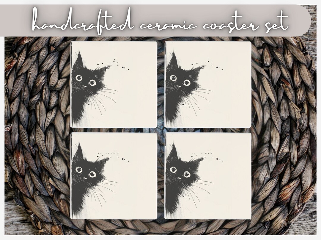 Funny Cat Coasters, Cute Peeking Cat Ceramic Coaster Set, Cat Home ...