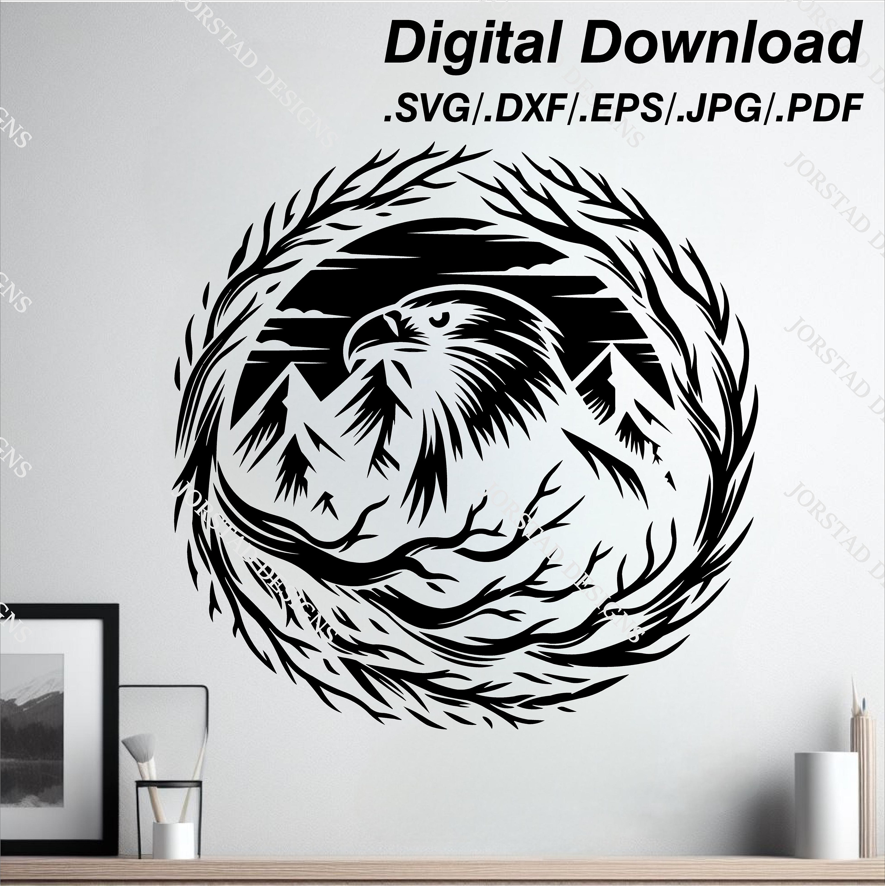 Eagle Habitat, Mountain & Tree Branches Inspired Design, Cuttable ...