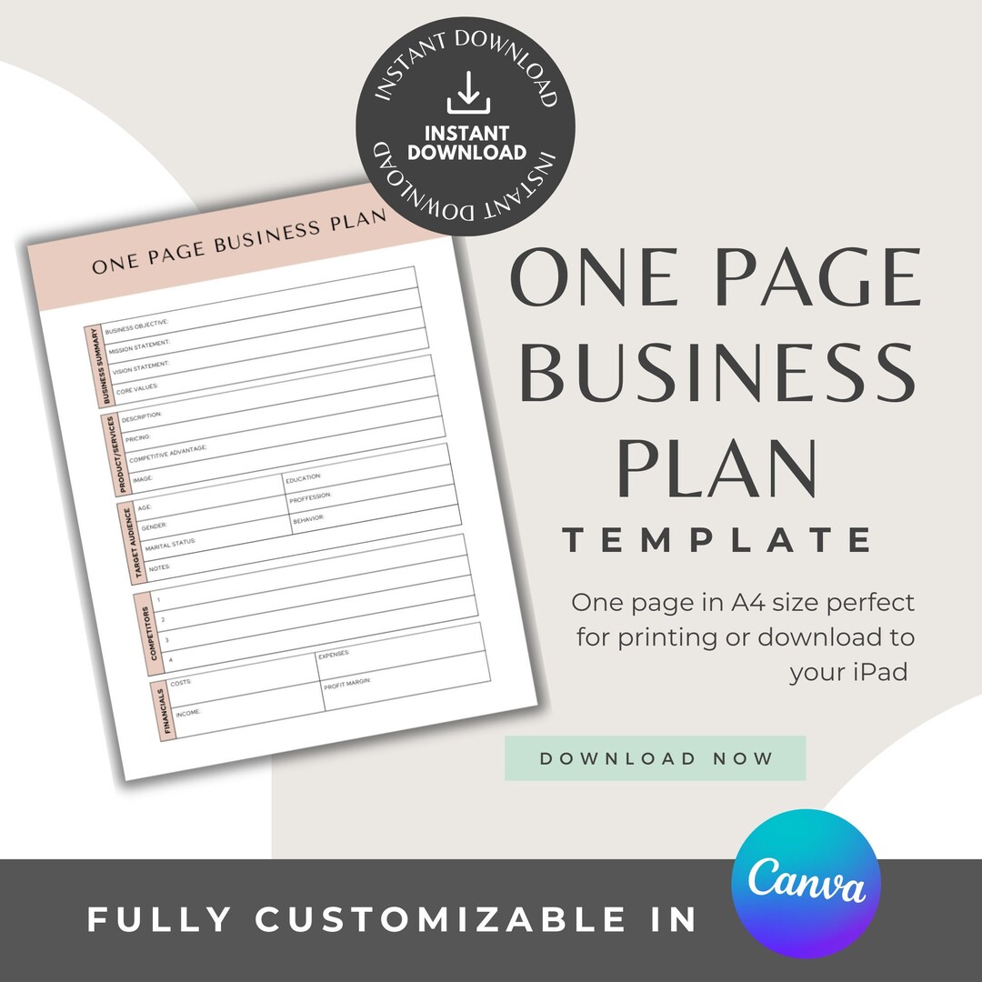 One Page Business Plan | 1-page Business Plan Canva Template | Simple ...