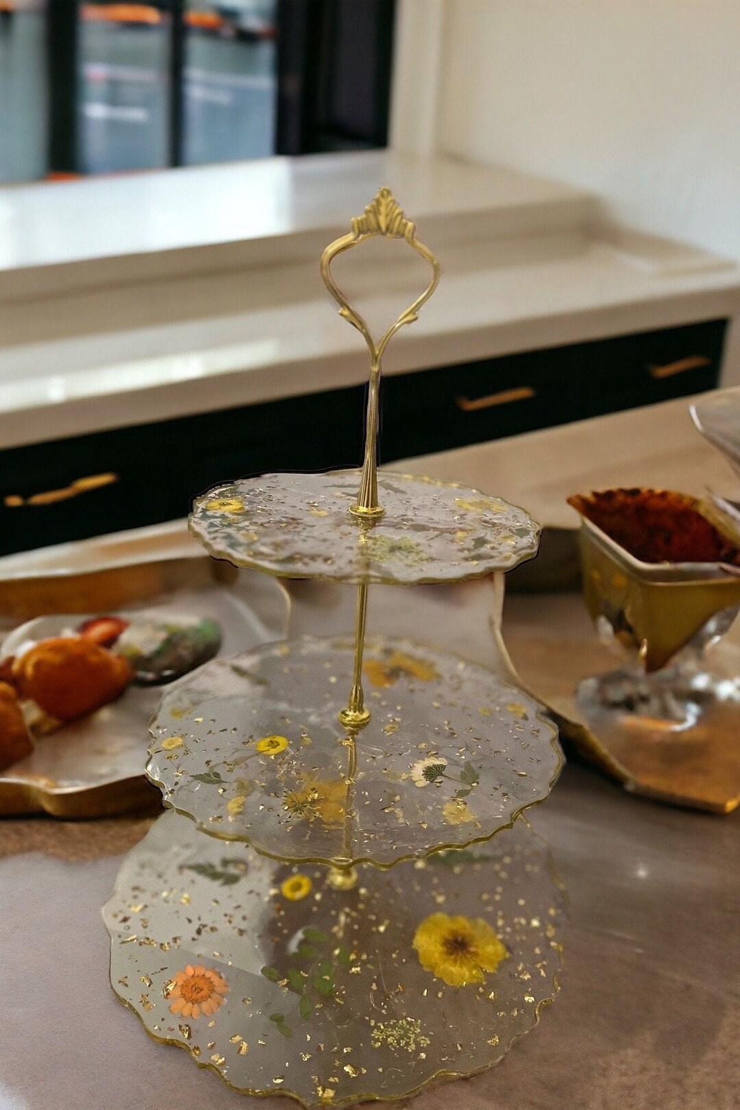 Handcrafted 3 Tier Resin Cake Stand & Tea Set With Real Dried Flowers ...