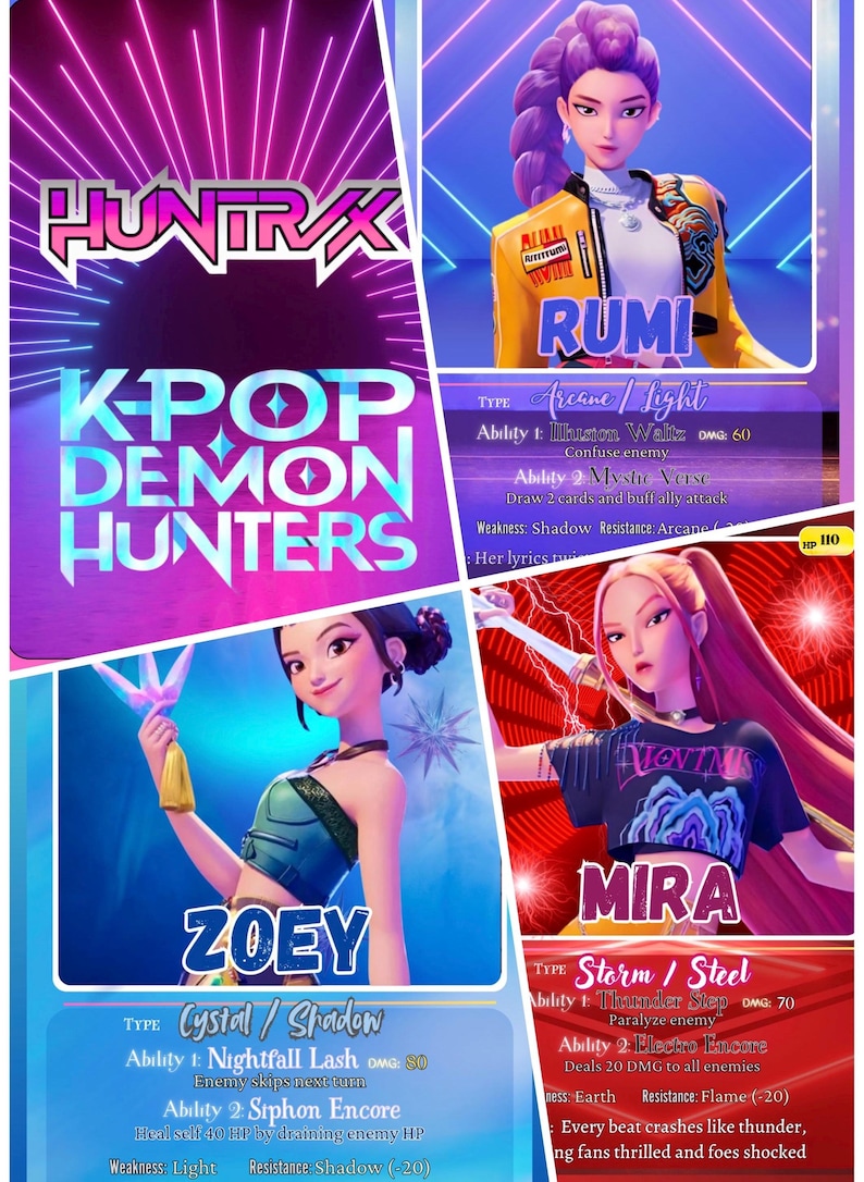 Huntrix, Rumi, Zoey & Mira – K-pop Demon Hunter Trading Cards | Shadow ...