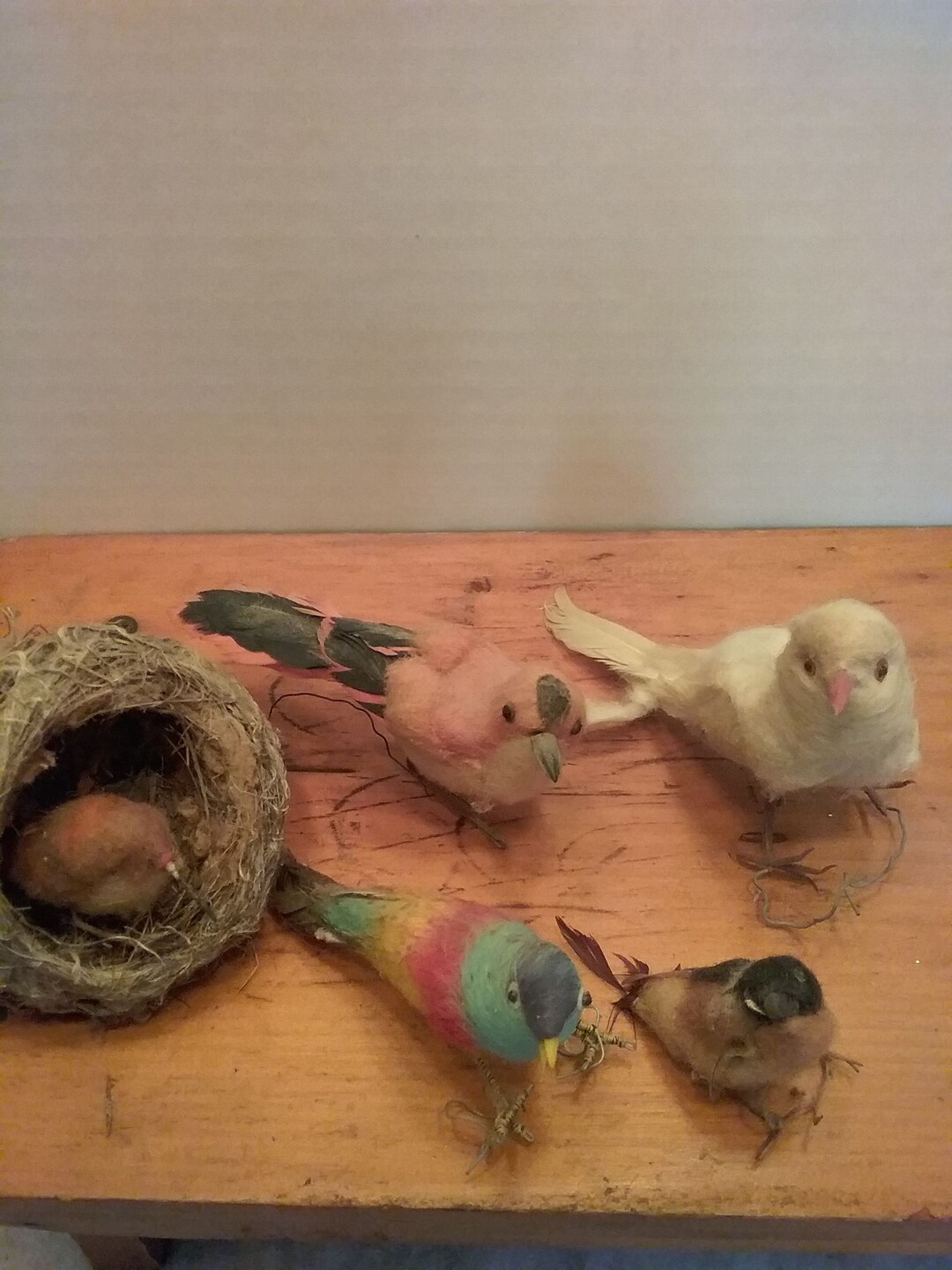 5 Vintage Flocked Birds and Nest - Etsy