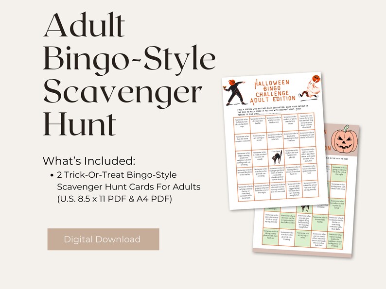 Adult Halloween Scavenger Hunt Game Adult Bingo Cards Printable ...