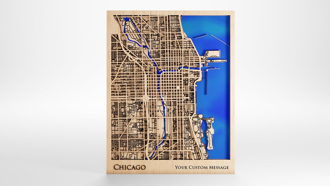 Chicago Wood Map Custom Message Premium Wood Laser Cut Includes Frame ...