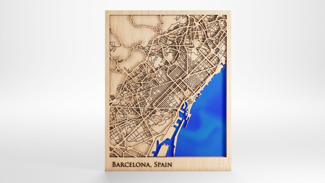 Spain Barcelona Wood Map - Custom Message - Premium Wood - Laser Cut ...