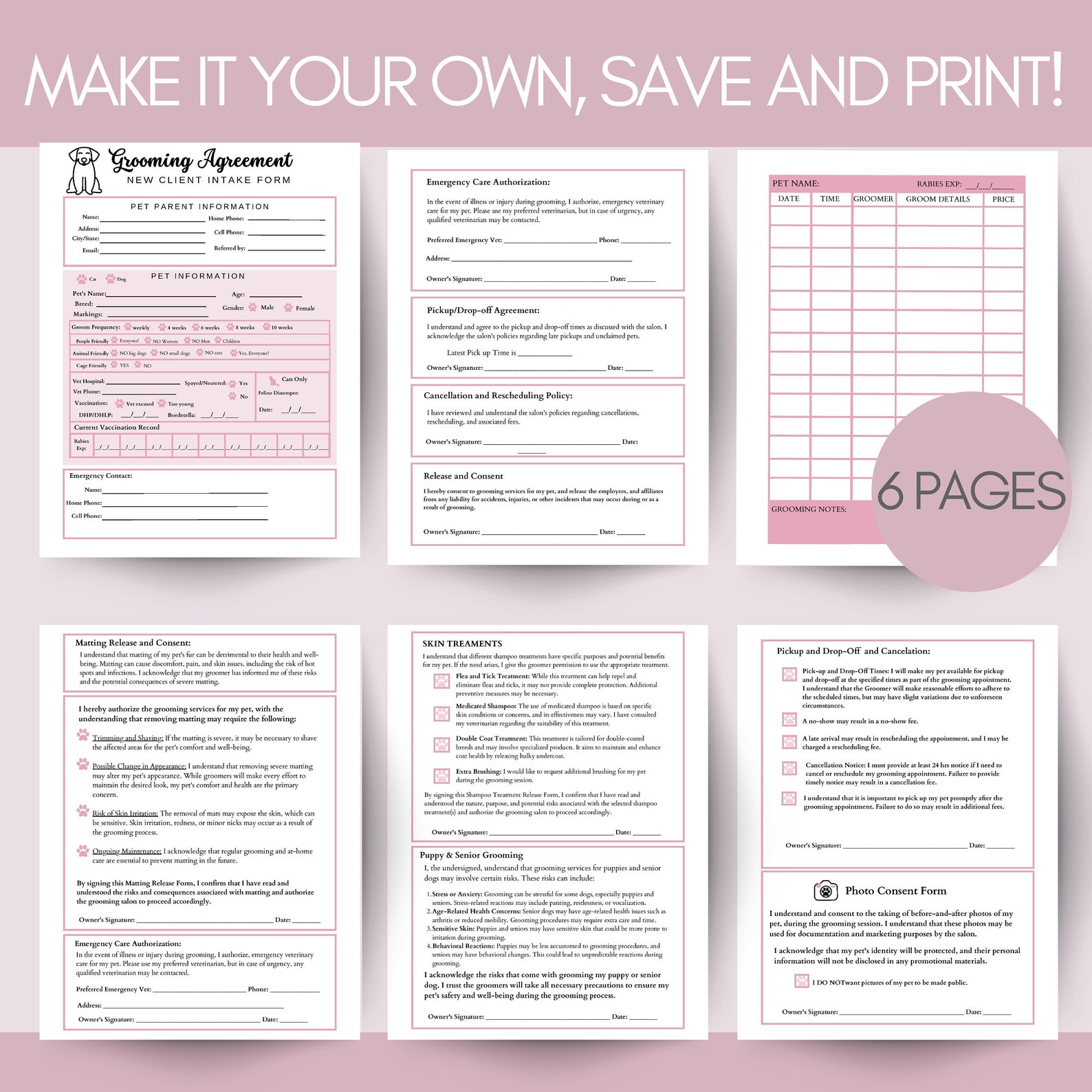 Dog Grooming Client Intake Forms, Pet Salon Contract - Pink (digital ...
