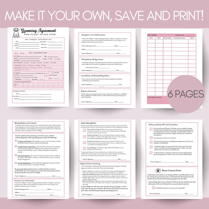 Dog Grooming Client Forms in Pink, Consent and Release, Pet Stylist ...