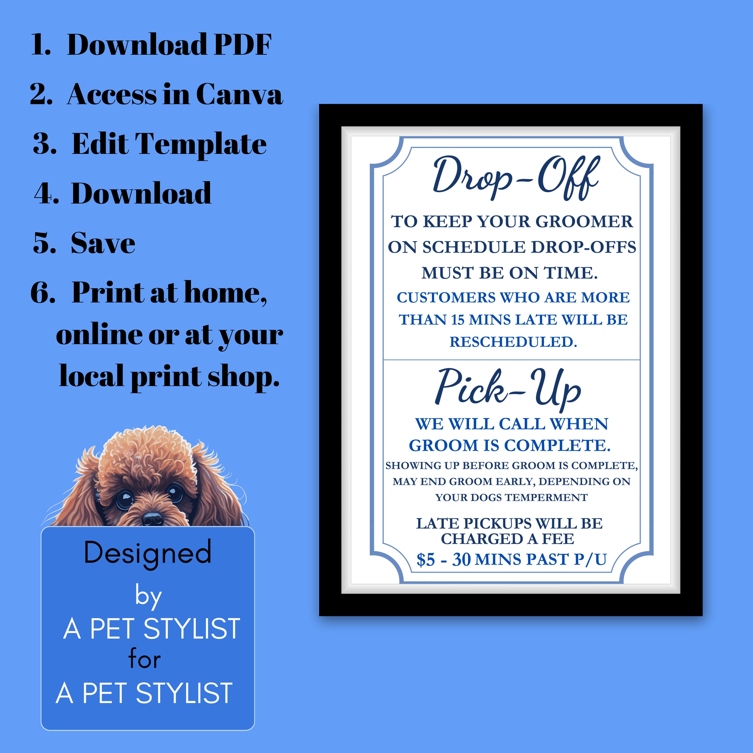Dog Groom Policy Poster Pick-up and Drop-off - 16x24 Print for Grooming ...