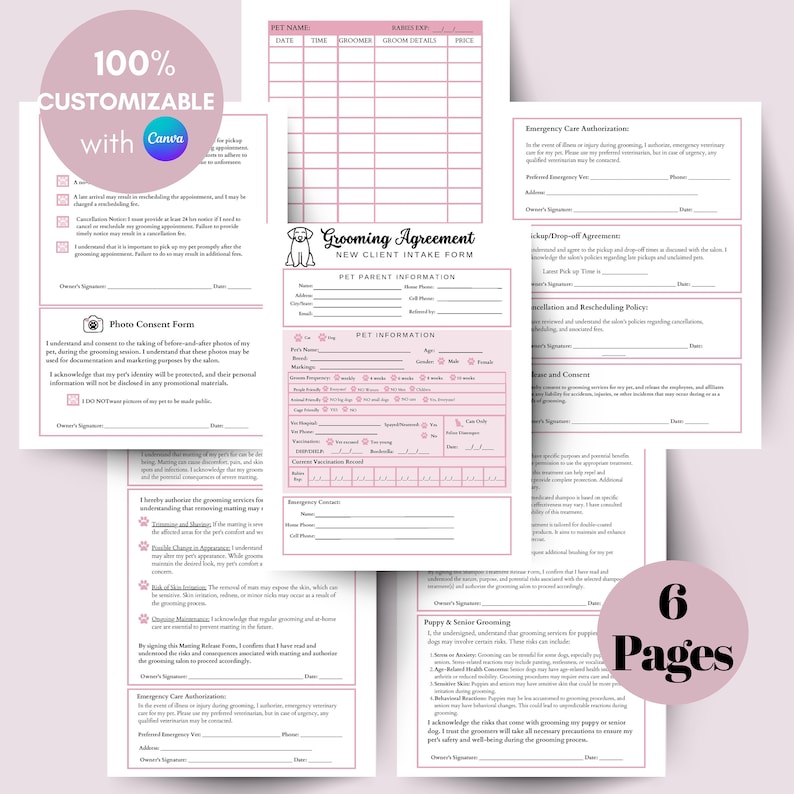 Dog Grooming Client Intake Forms, Pet Salon Contract - Pink (digital ...