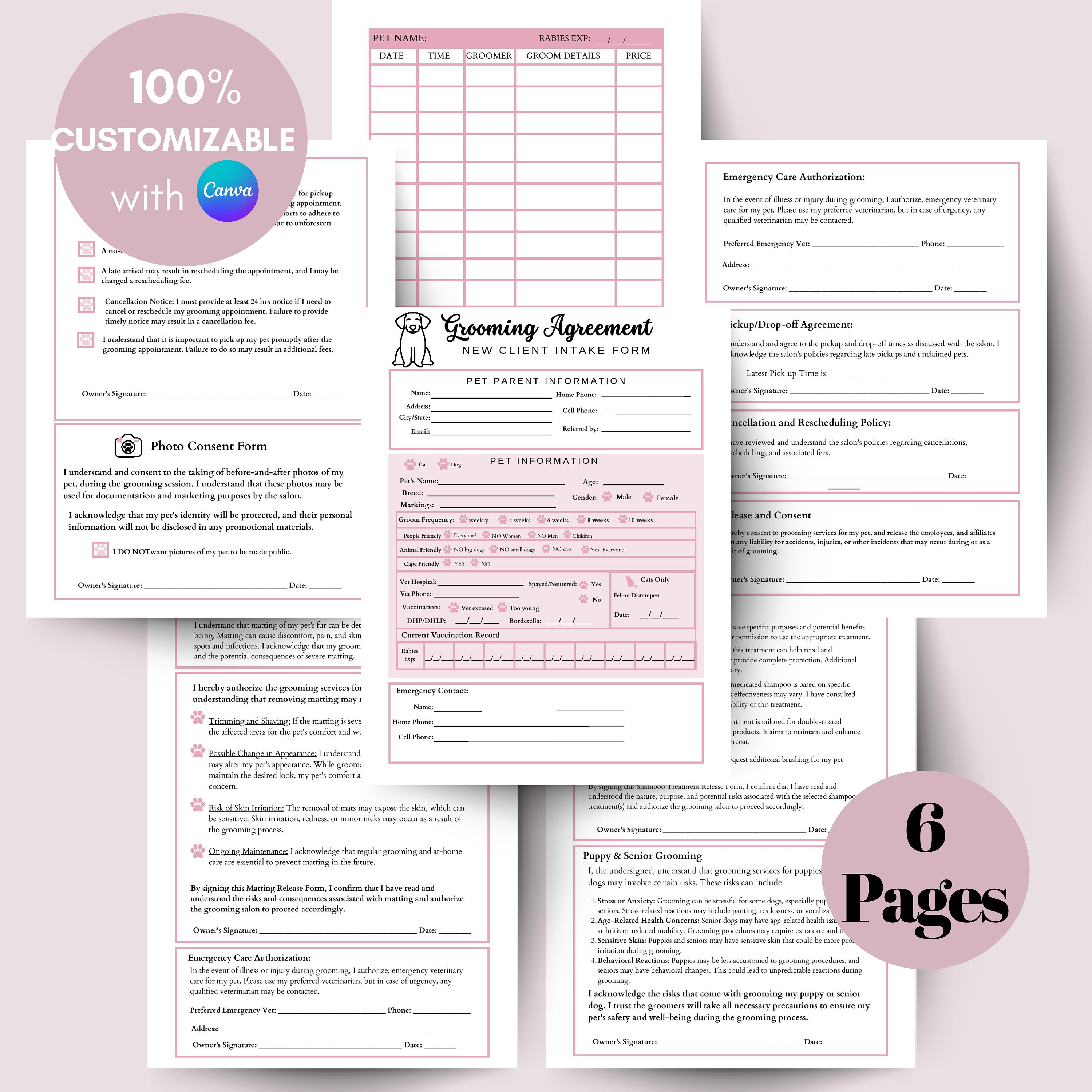 Dog Grooming Client Forms in Pink, Consent and Release, Pet Stylist ...