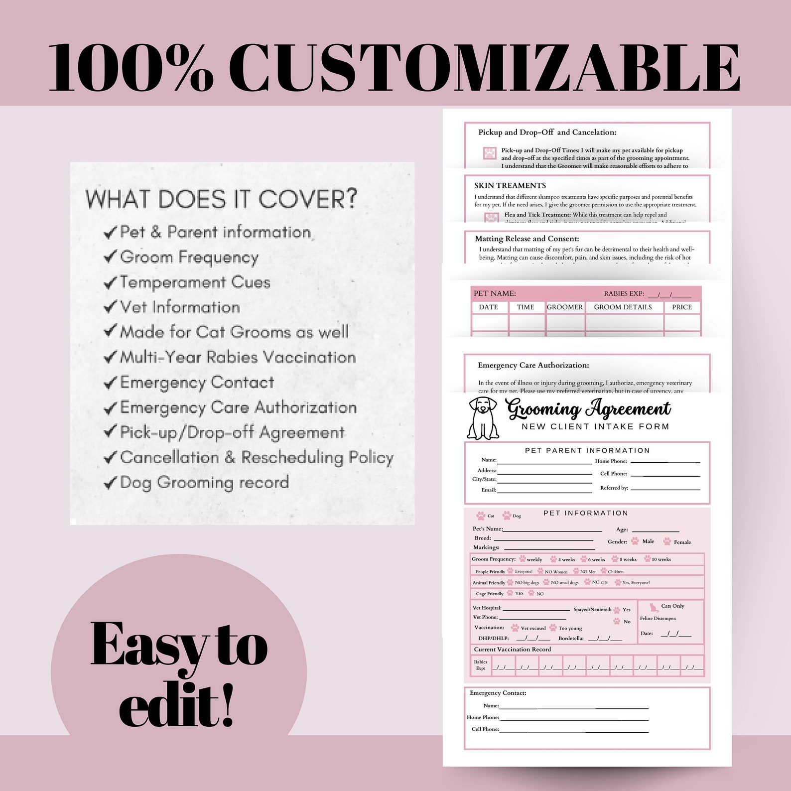 Dog Grooming Client Intake Forms, Pet Salon Contract - Pink (digital ...