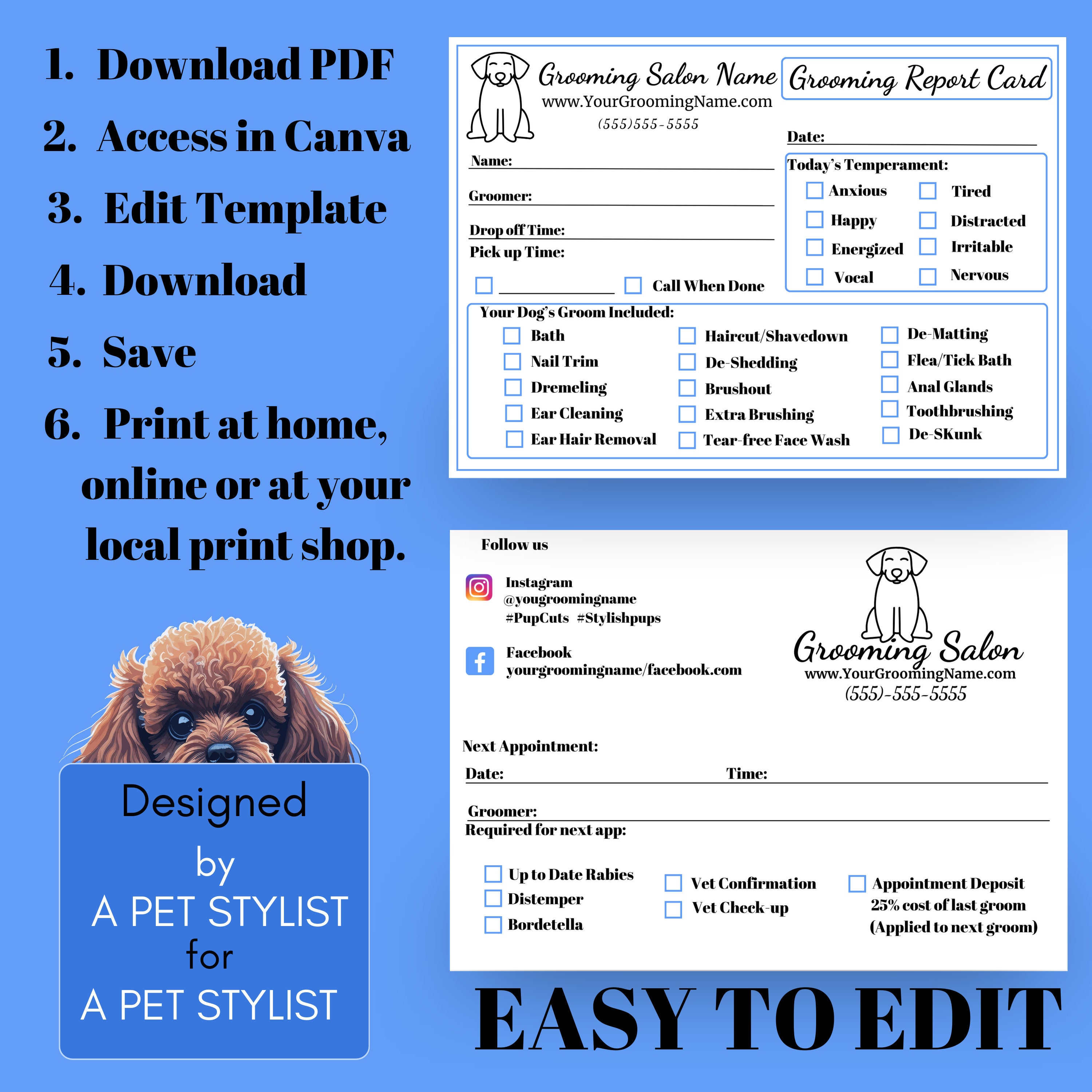 Dog Grooming Report Card Blue Grooming Salon Form Pet Groomer Forms Dog ...