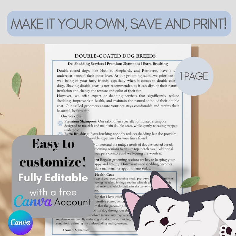 Double-coated Dog Breed Form, Grooming Waivers, Extra-brushing Undercoat Agreement, 100% ...