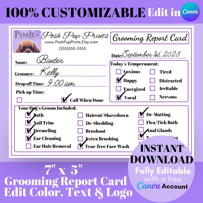 Dog Grooming Report Card in Purple, Dog Groomer Forms, Dog Grooming ...