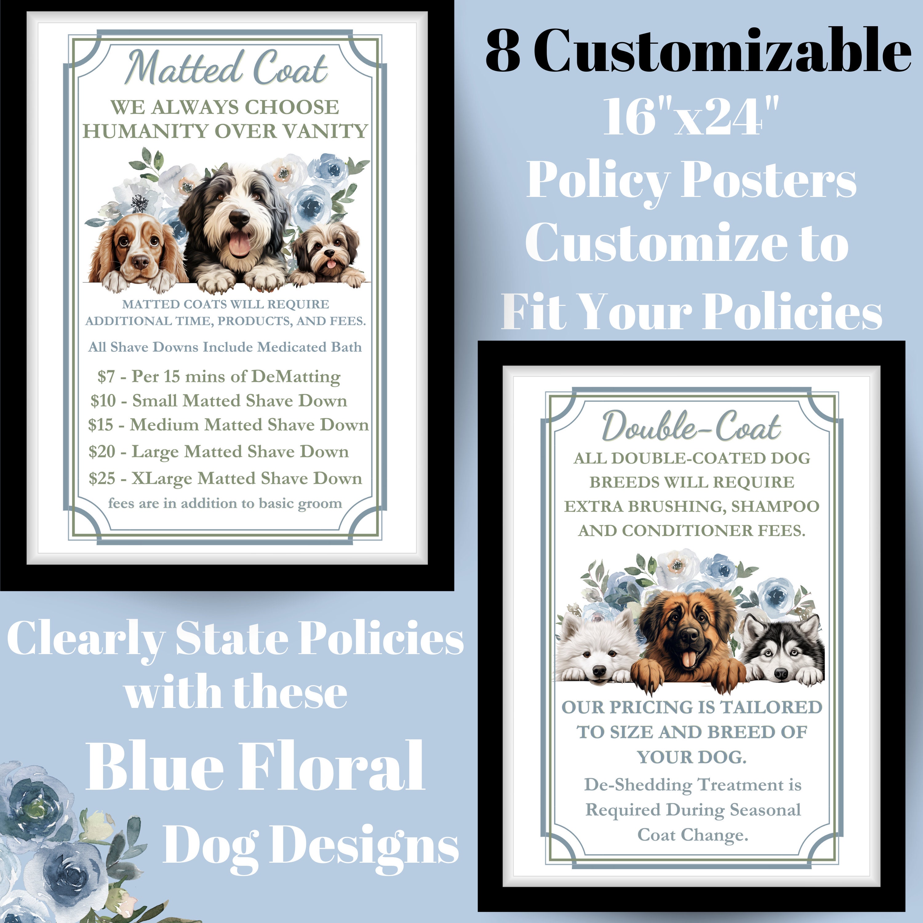 Dog Groomer Policy Poster Bundle Blue Floral Peeking Dogs, Dog Groomer ...