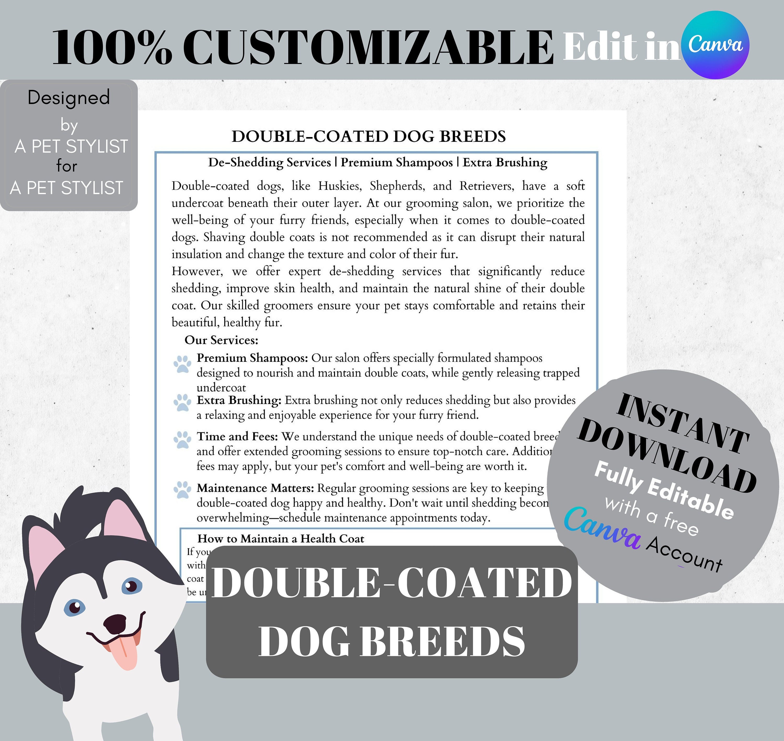 Double-coated Dog Breed Form, Grooming Waivers, Extra-brushing Undercoat Agreement, 100% ...