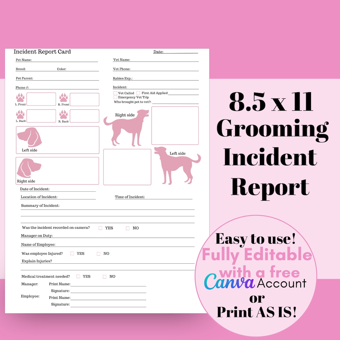 Dog Grooming Incident Report in Pink Pet Salon Incident Form Dog ...