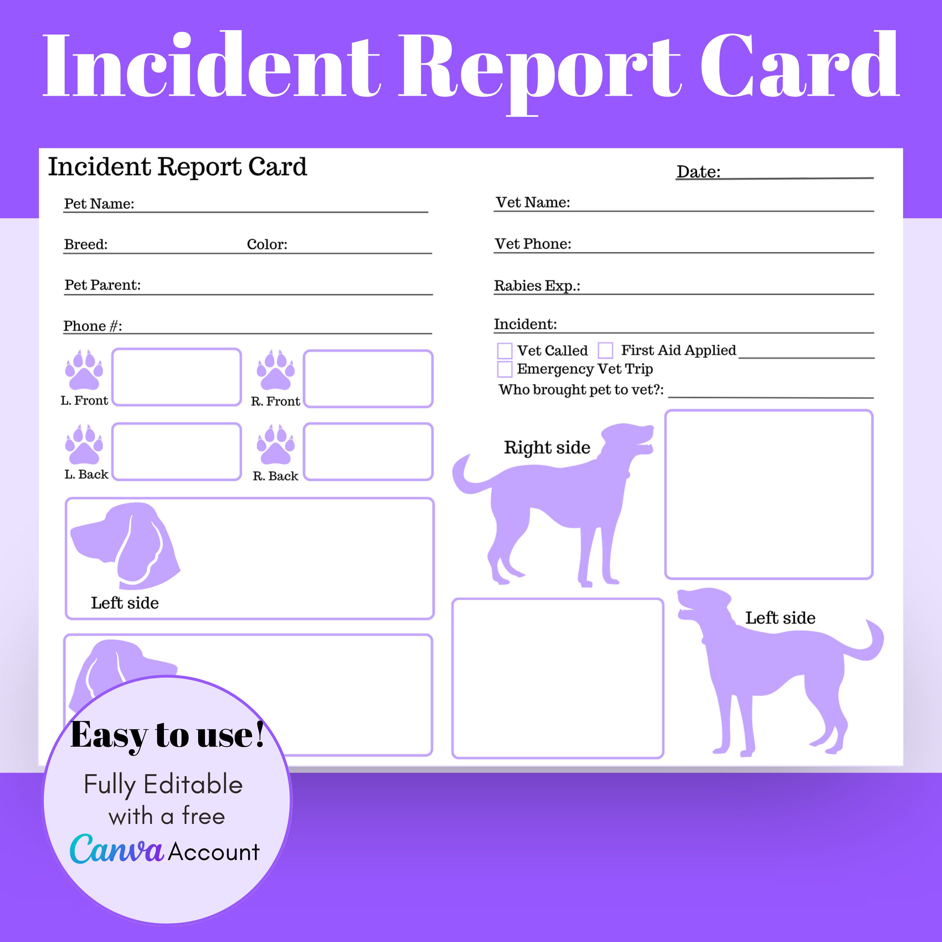Dog Grooming Incident Report Card, Purple Template (digital Download ...