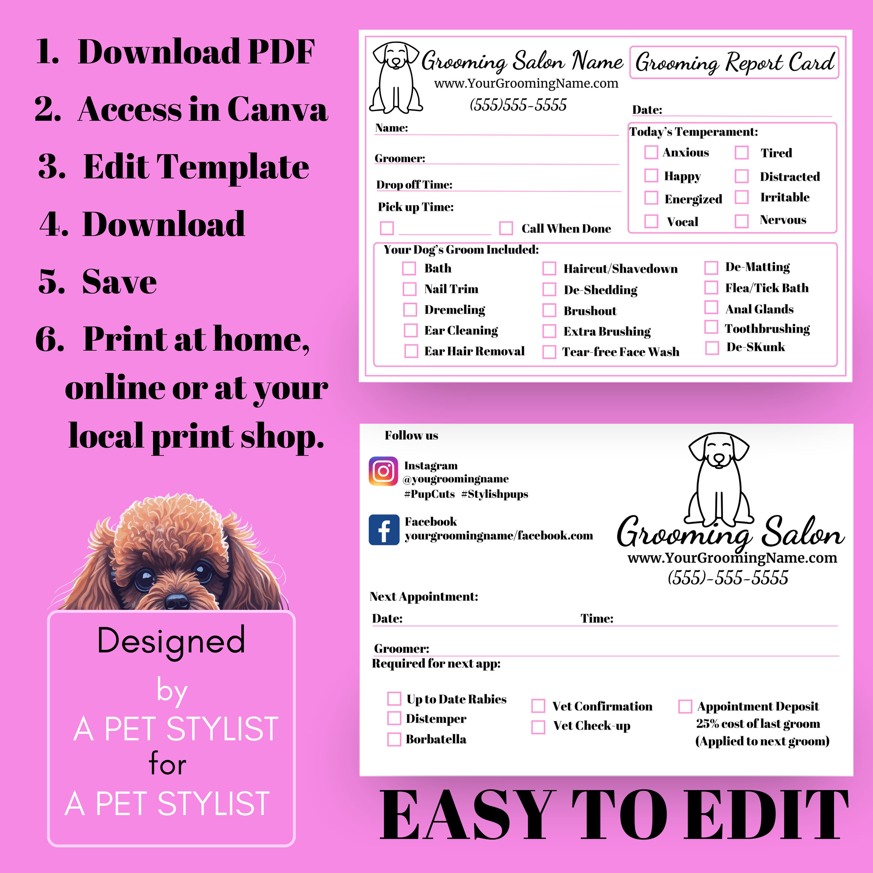 Dog Grooming Report Card Template, Pink Customizable Forms (canva ...