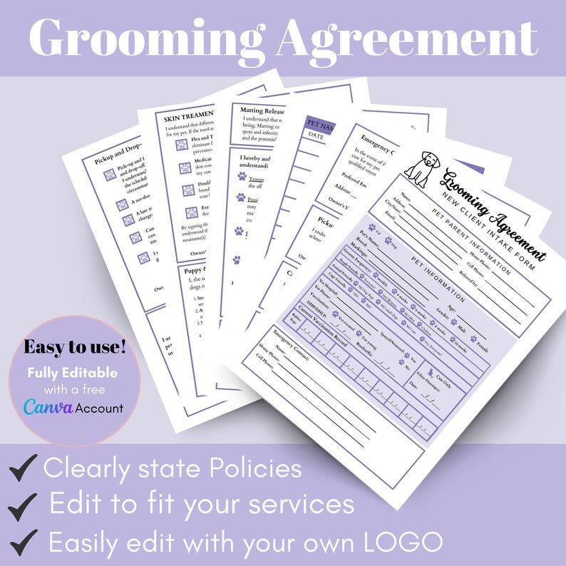 Dog Groom Agreement - Purple - Dog Grooming Consent and Release Form ...