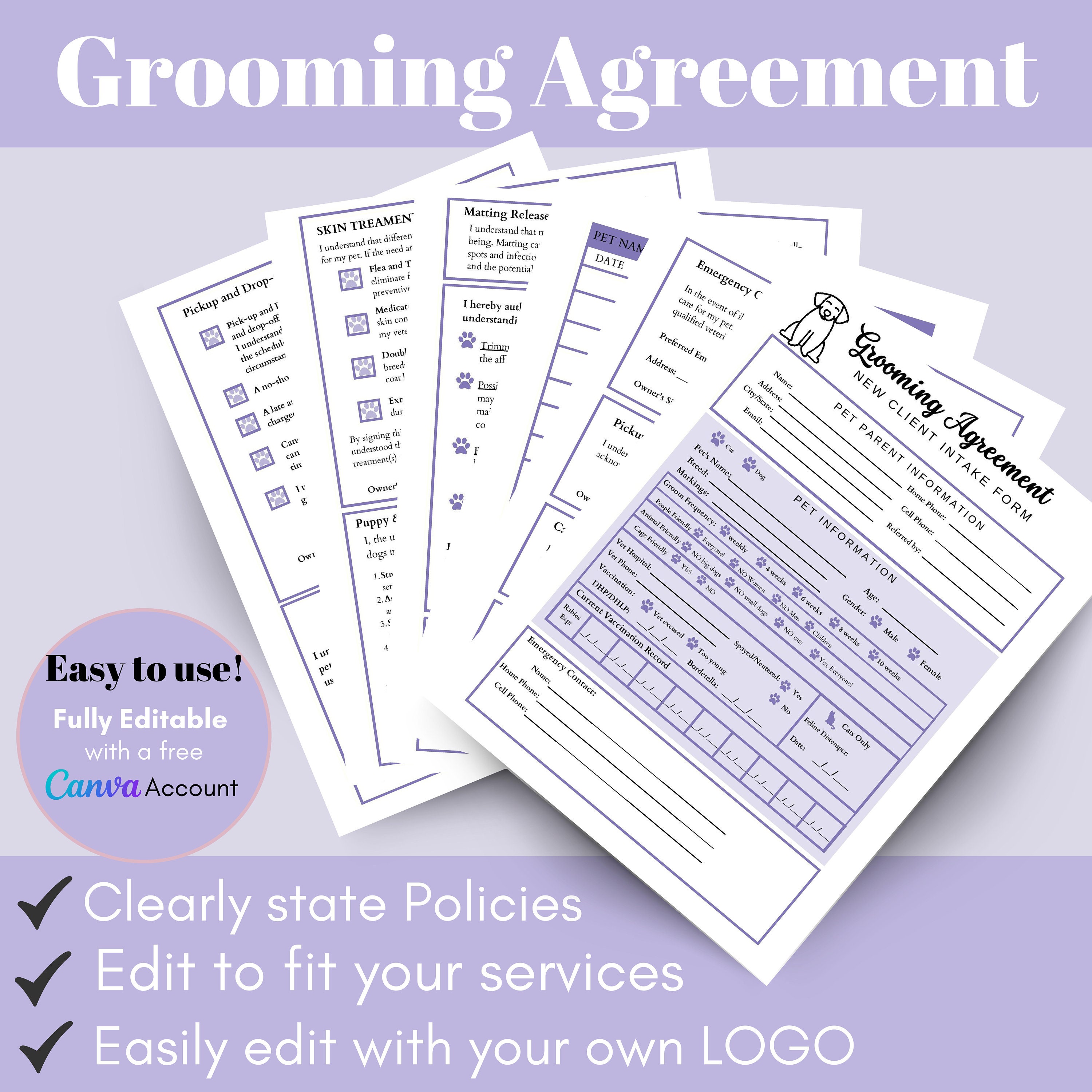 Dog Grooming Agreement – Pet Salon Contract, Purple (digital Download ...
