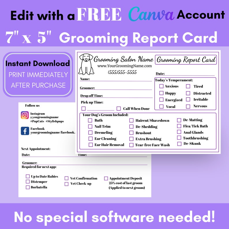 Dog Grooming Report Card in Purple, Dog Groomer Forms, Dog Grooming ...