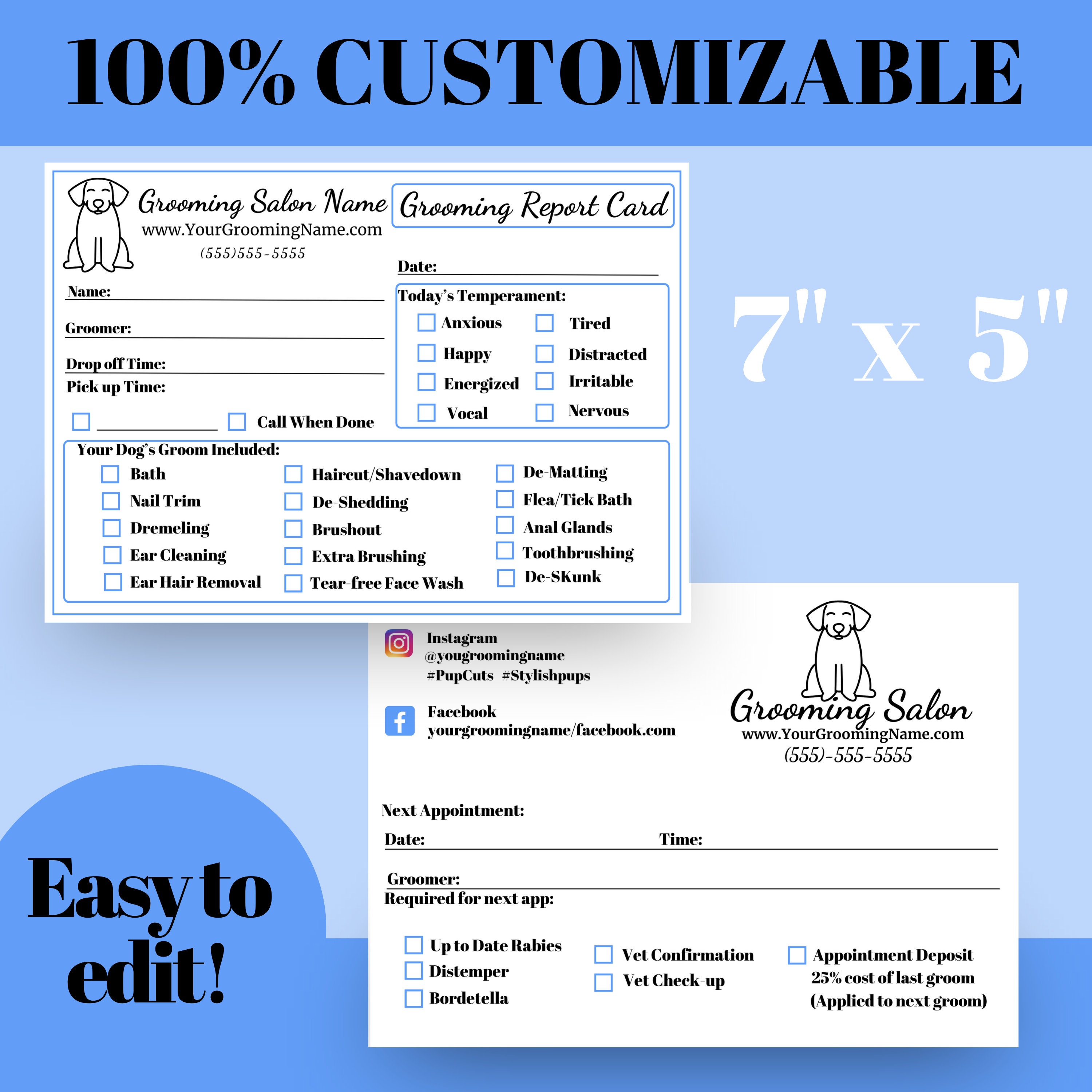 Dog Grooming Report Card Template, Pet Salon Forms - Blue (digital ...