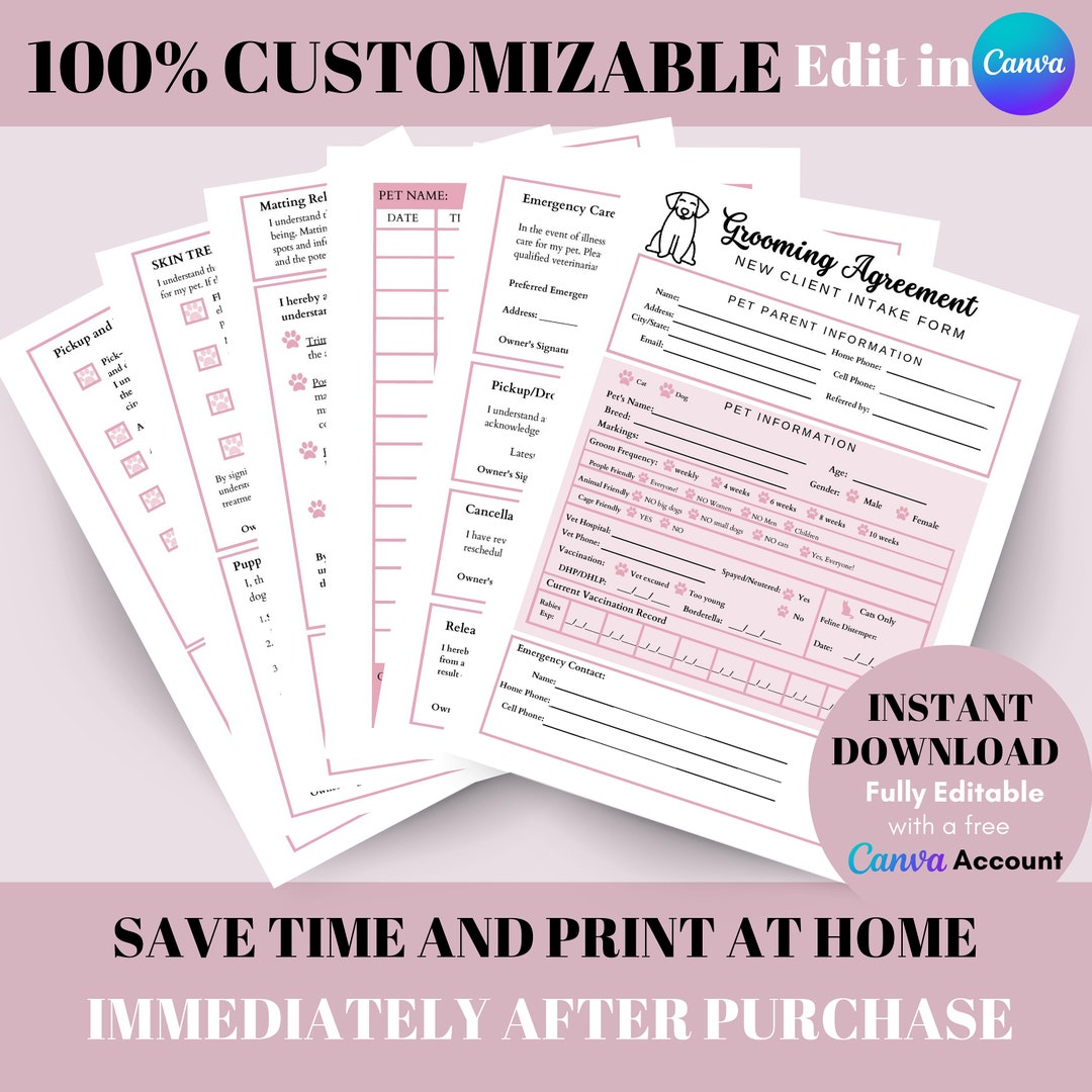 Dog Grooming Client Forms in Pink, Consent and Release, Pet Stylist ...