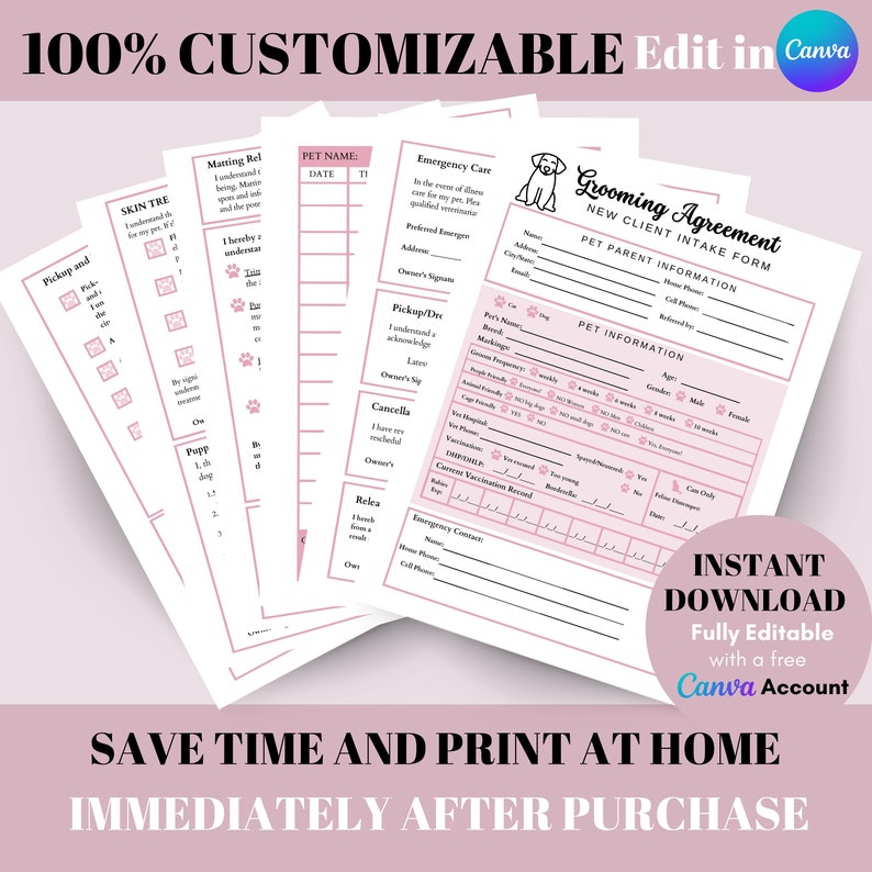 Dog Grooming Client Forms in Pink, Consent and Release, Pet Stylist ...