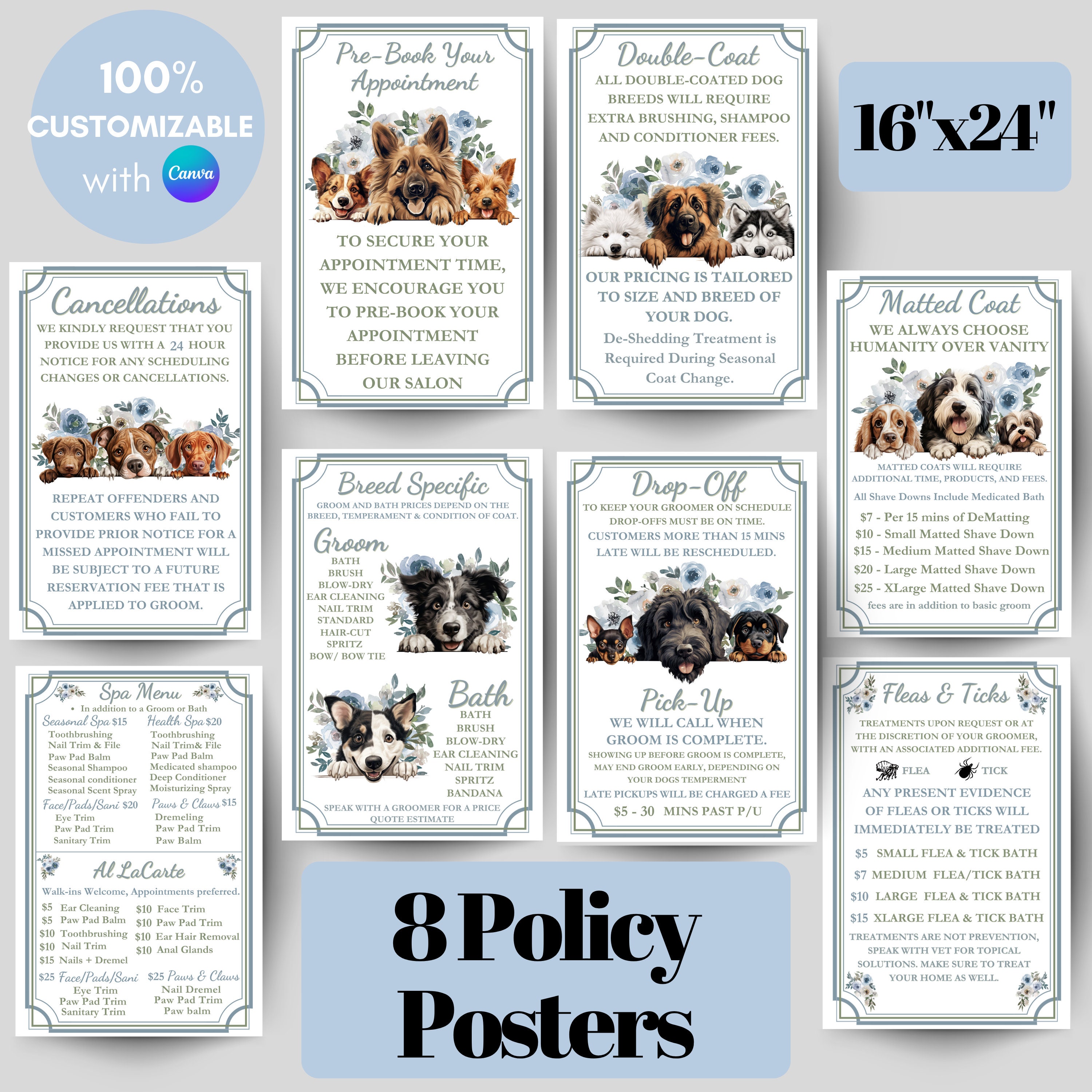 Dog Groomer Policy Poster Bundle Blue Floral Peeking Dogs, Dog Groomer ...