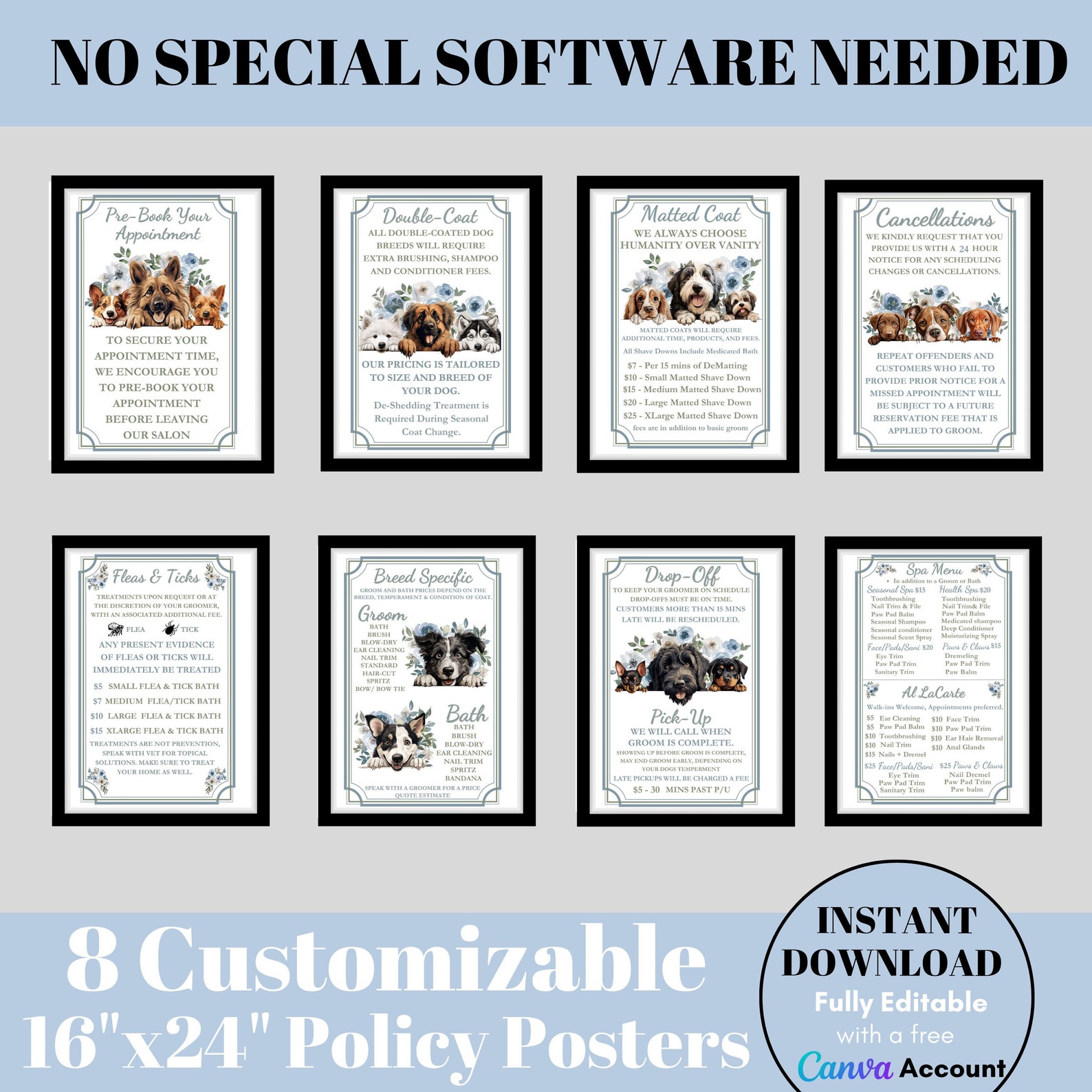 Dog Groomer Policy Poster Bundle Blue Floral Peeking Dogs, Dog Groomer ...