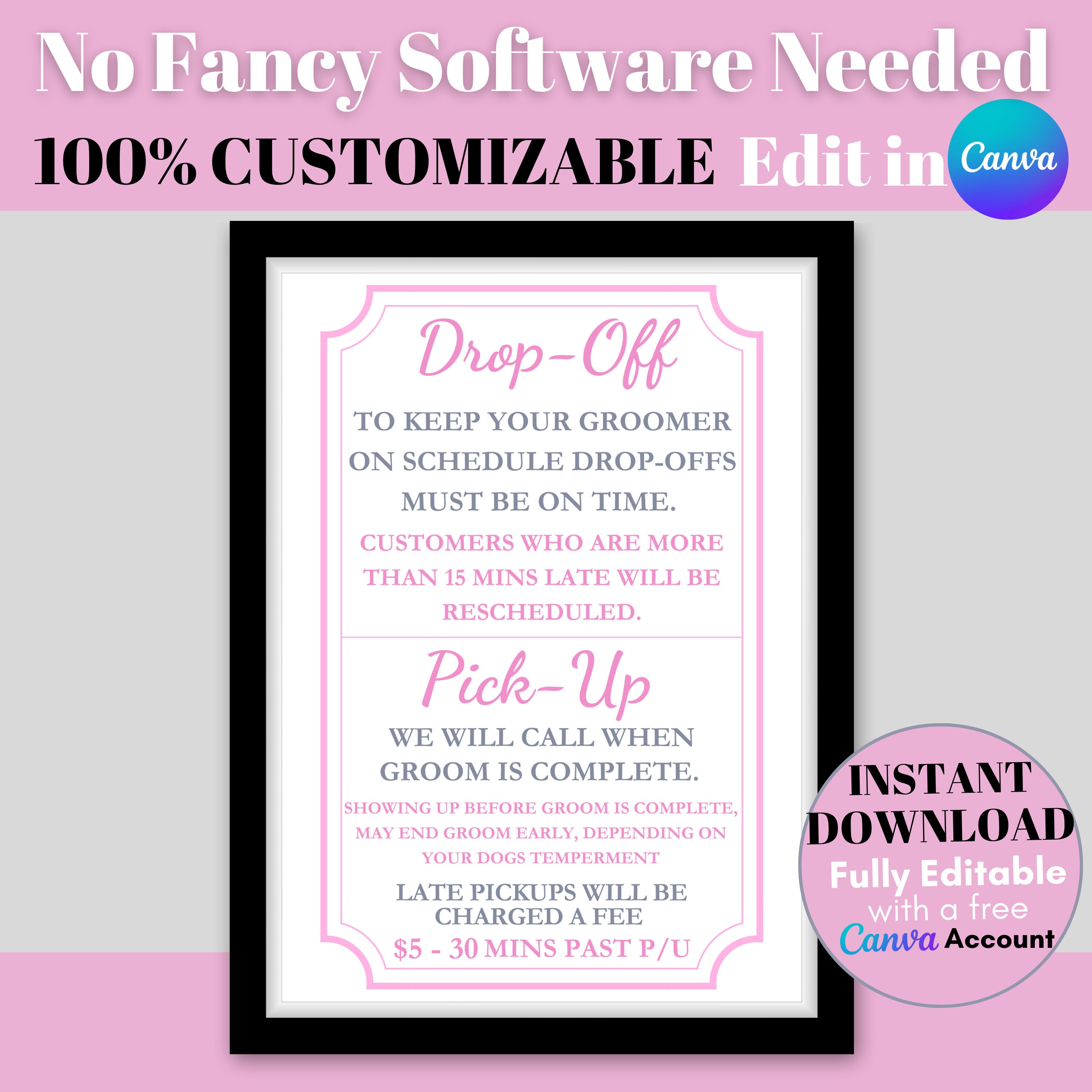 Dog Groom Policy Poster Drop off and Pick up - 16x24 Pink Pet Stylist ...